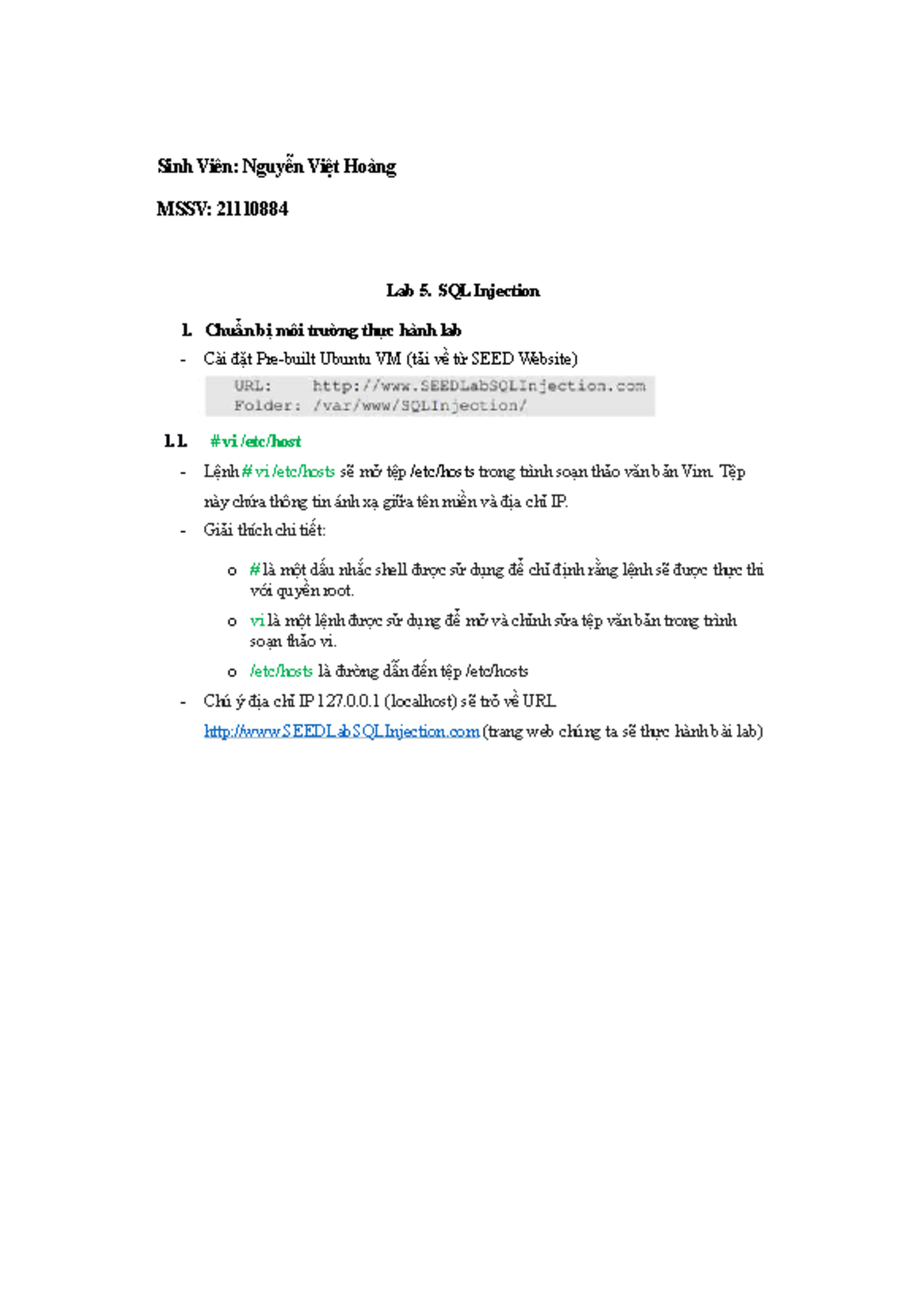 Lab 5: SQL Injection Report - Nguyễn Việt Hoàng (MSSV: 139365) - Studocu