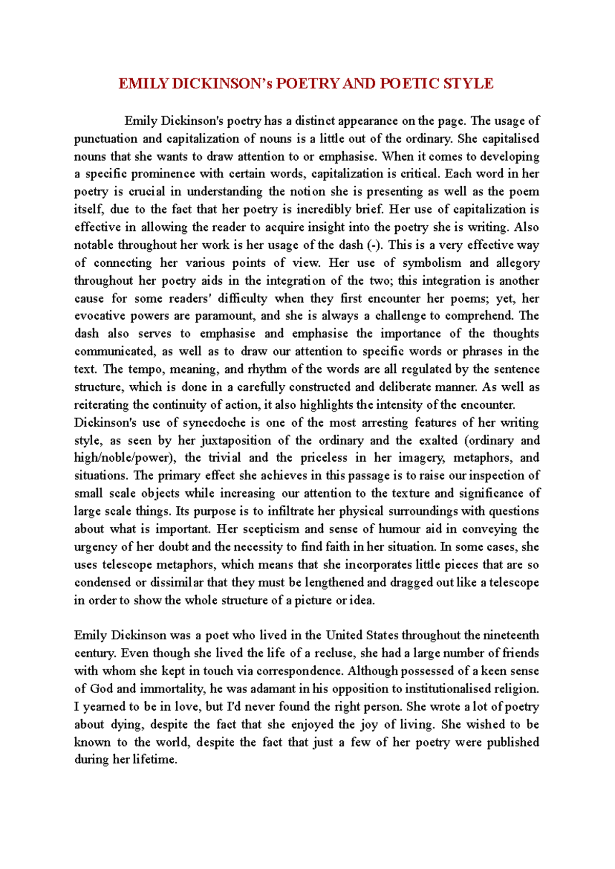 Emily Dickinson’s Poetry AND Poetic Style - EMILY DICKINSON’s POETRY ...