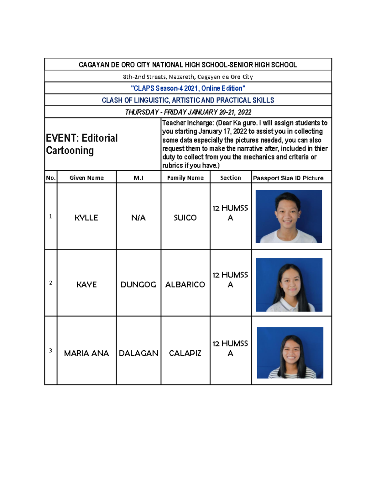 12- Humss-A Participants-OF-QUIZ-BEE - CAGAYAN DE ORO CITY NATIONAL HIGH SCHOOL-SENIOR HIGH ...