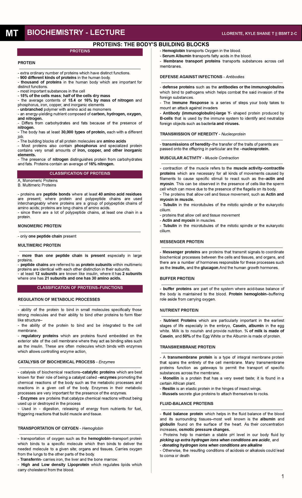 MT BIOCHEMISTRY LECTURE: PROTEINS AS BUILDING BLOCKS OF LIFE - Studocu