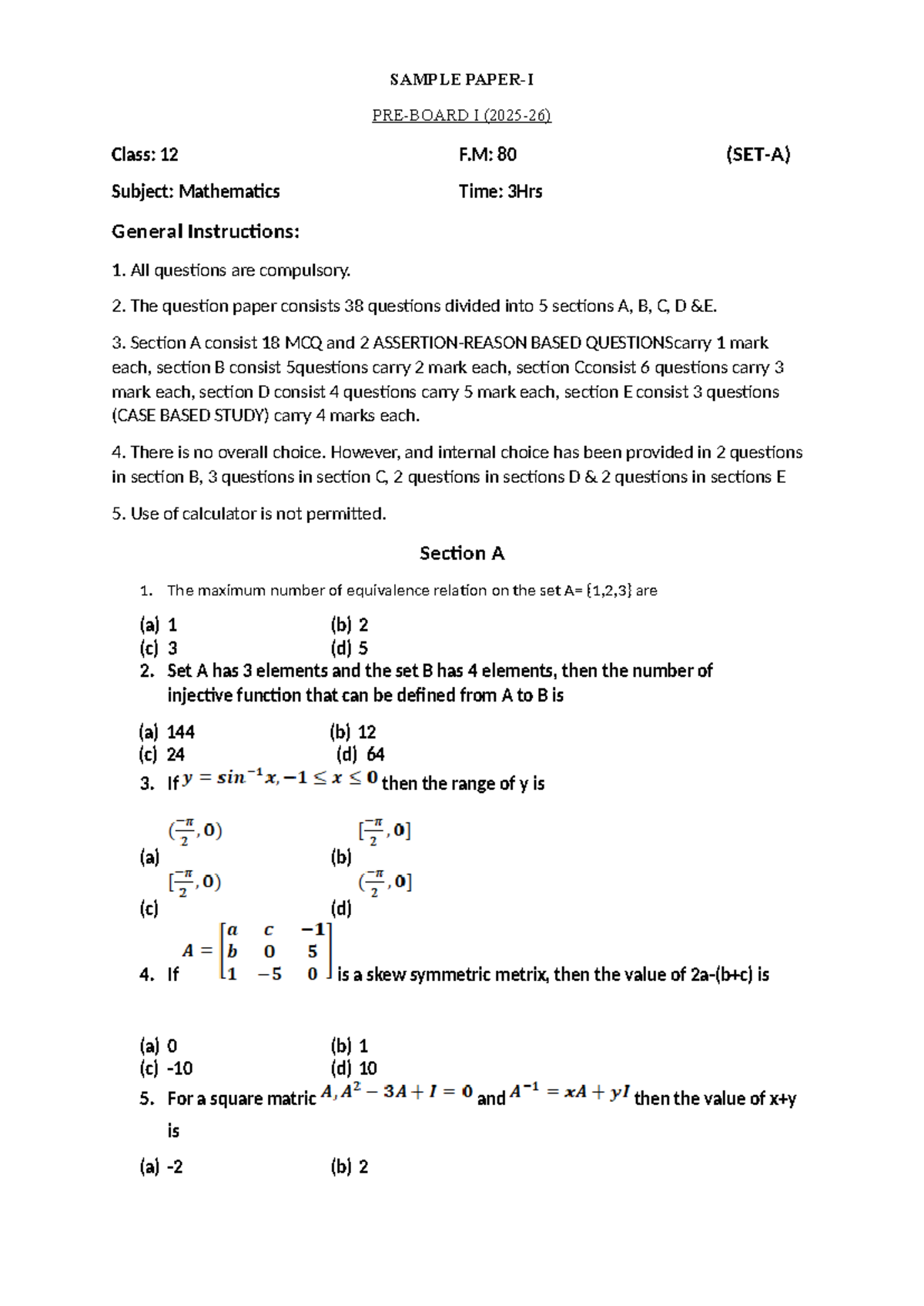 Sample Paper-I (XII) Mathematics: Comprehensive Exam Guide - Studocu