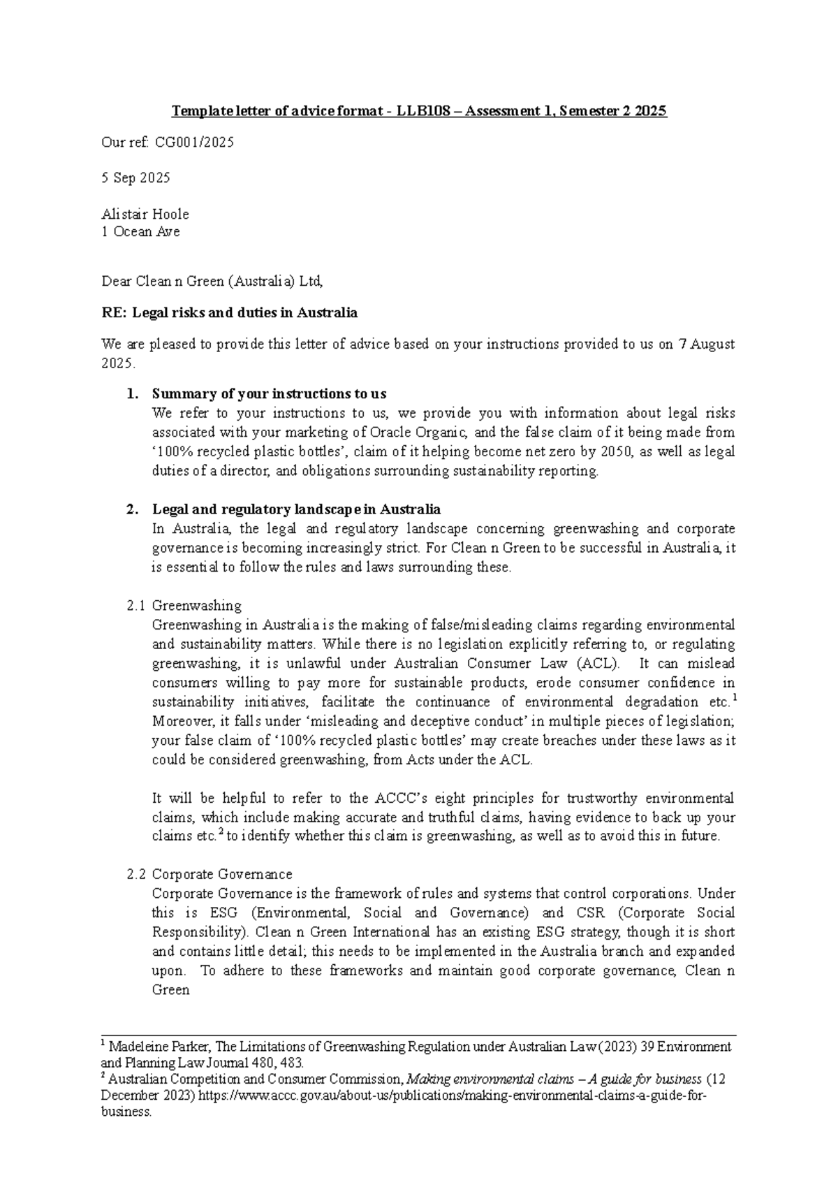 Client Letter of Advice on Legal Risks - LLB108 Assessment 1 - Studocu