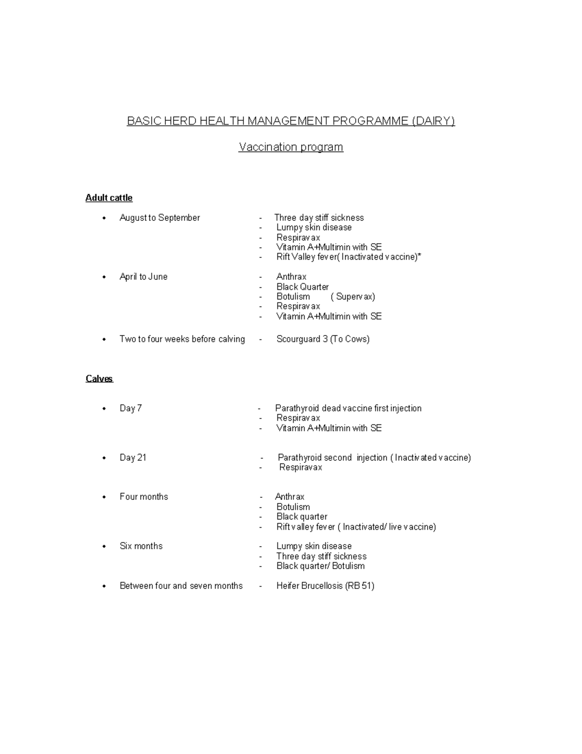 BASIC HERD HEALTH MANAGEMENT PROGRAMME (DAIRY) - Vaccination & Care ...