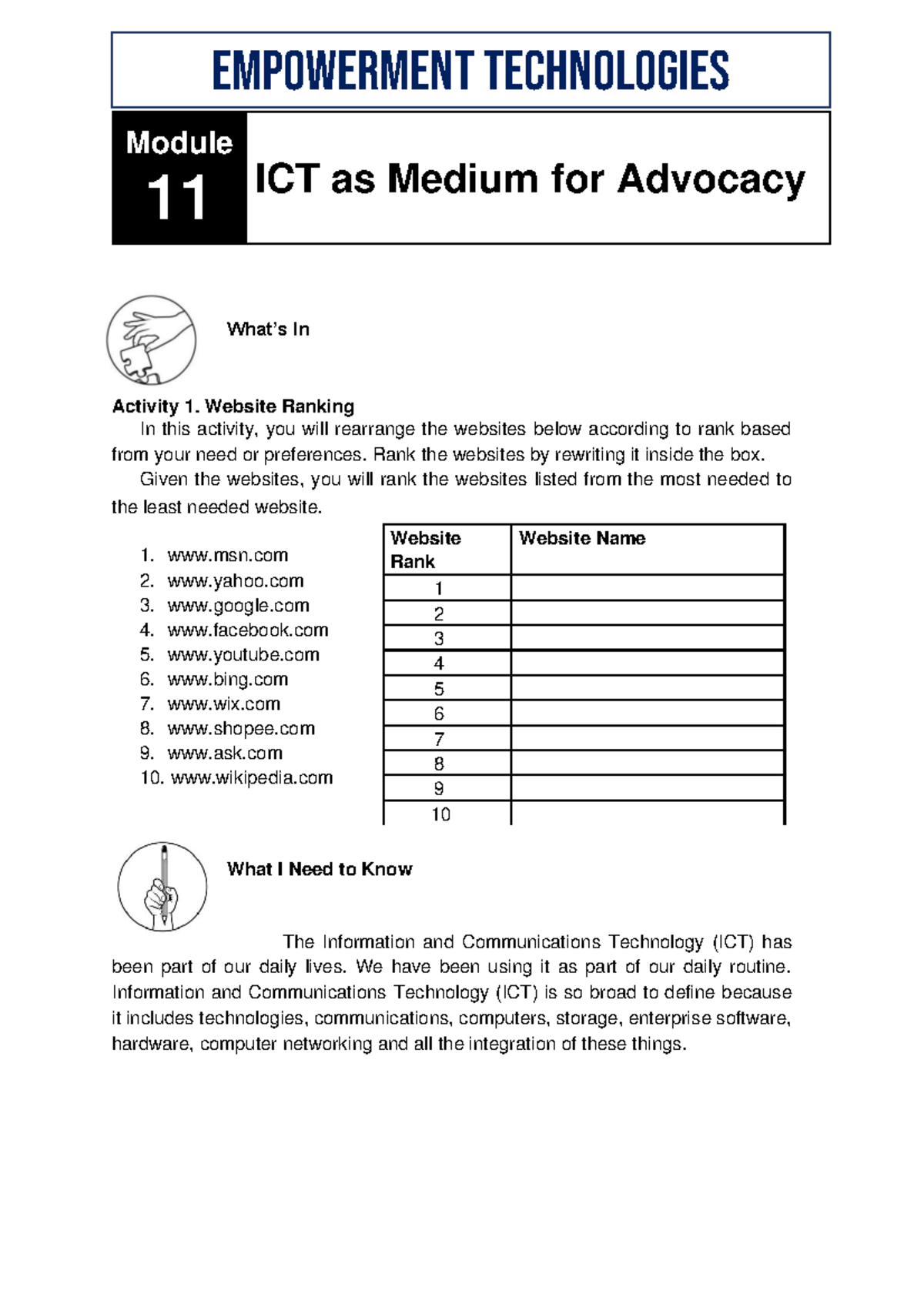 Empowerment Module 11 12 - Empowerment technologies Module 11 ICT as ...