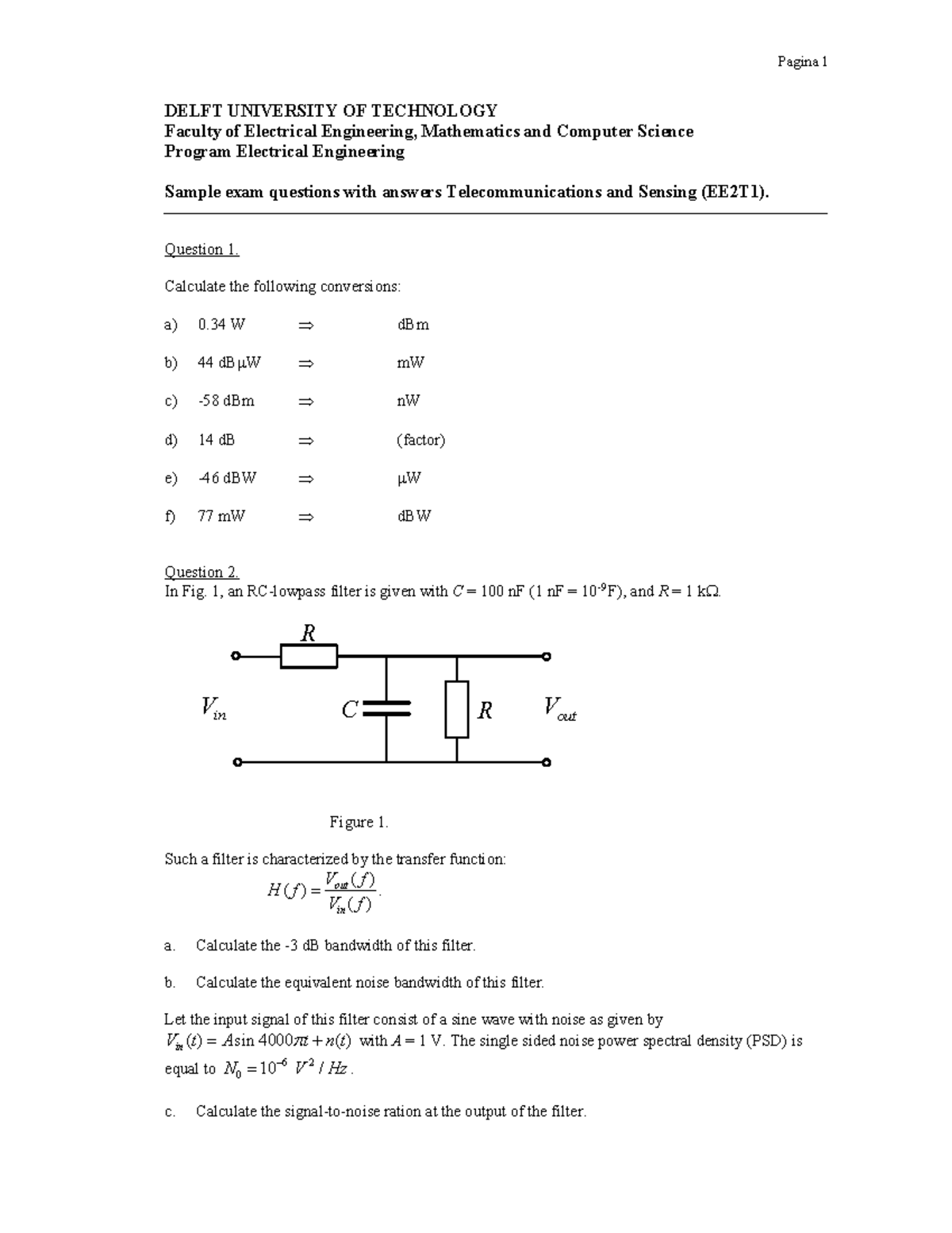 Sample Exam Questions and Answers: Telecommunications and Sensing ...