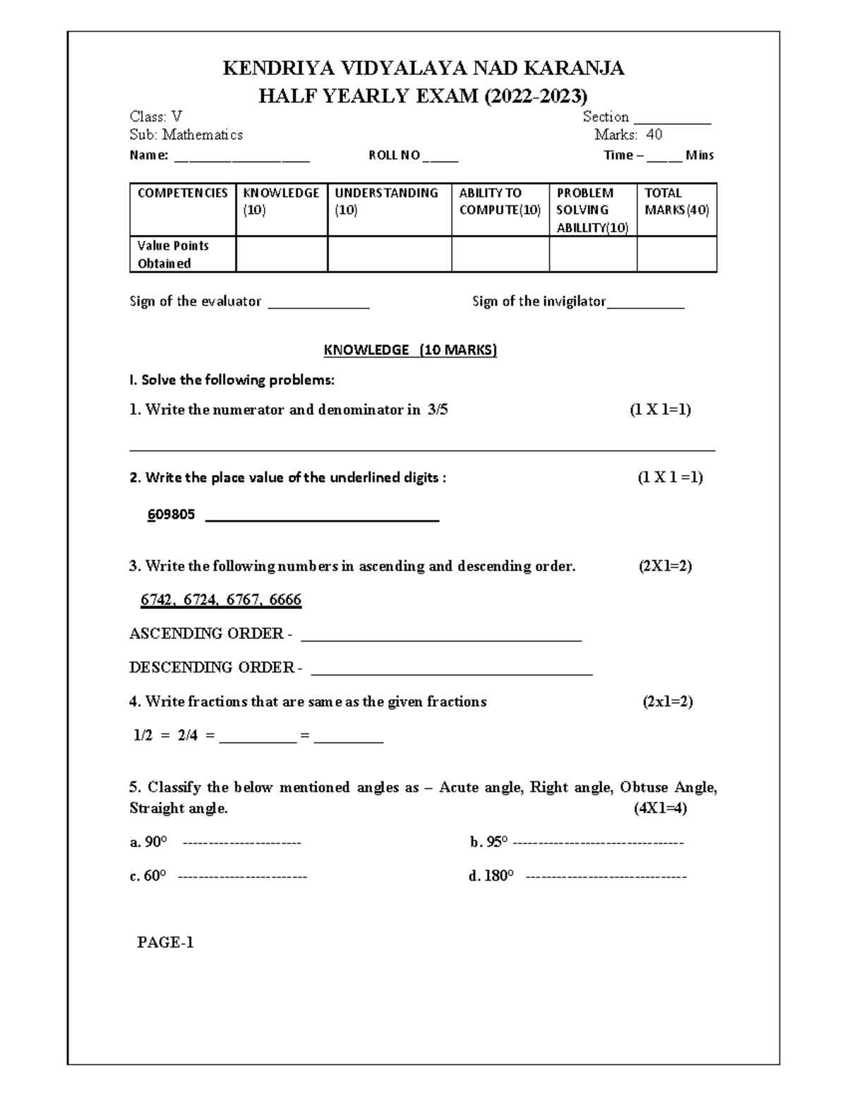 HALF Yearly Class 5 Maths - KENDRIYA VIDYALAYA NAD KARANJA HALF YEARLY ...