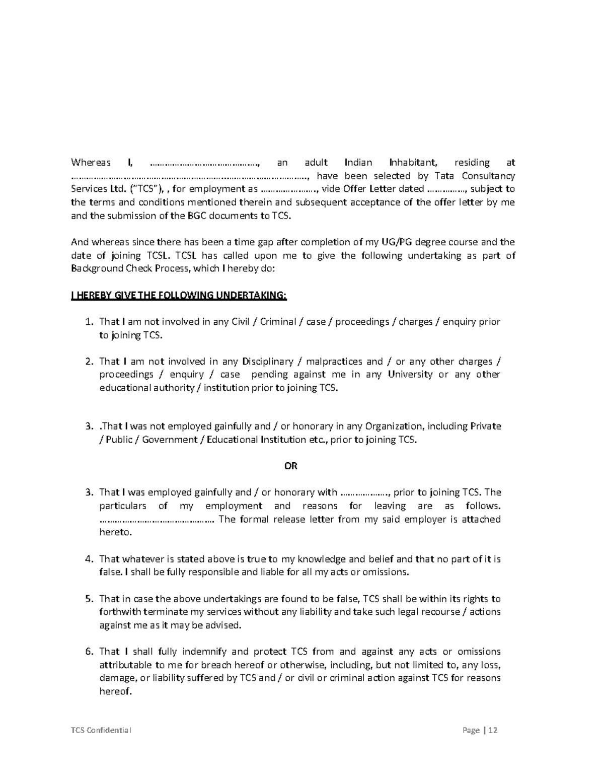 Non-Criminal Affidavit for TCS Employment Background Check - Studocu