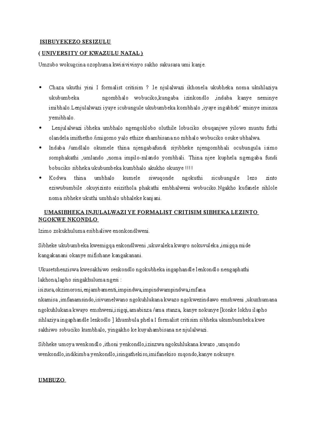 Isibuyekezo Sesizulu: Formalist Criticism & Analysis Notes - Studocu