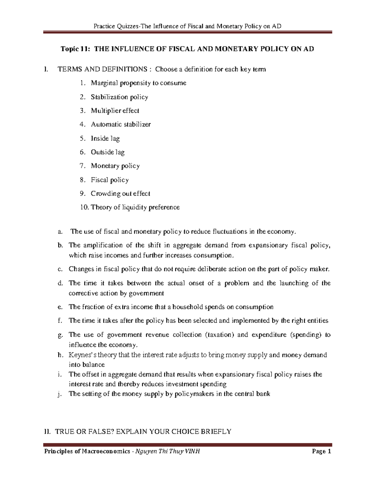 Practice Quiz on Fiscal and Monetary Policy - Topic 11-C34 - Studocu