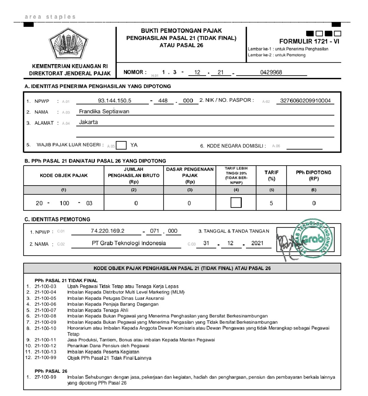 Contoh isi Formulir 1721 VI - Pajak - Studocu