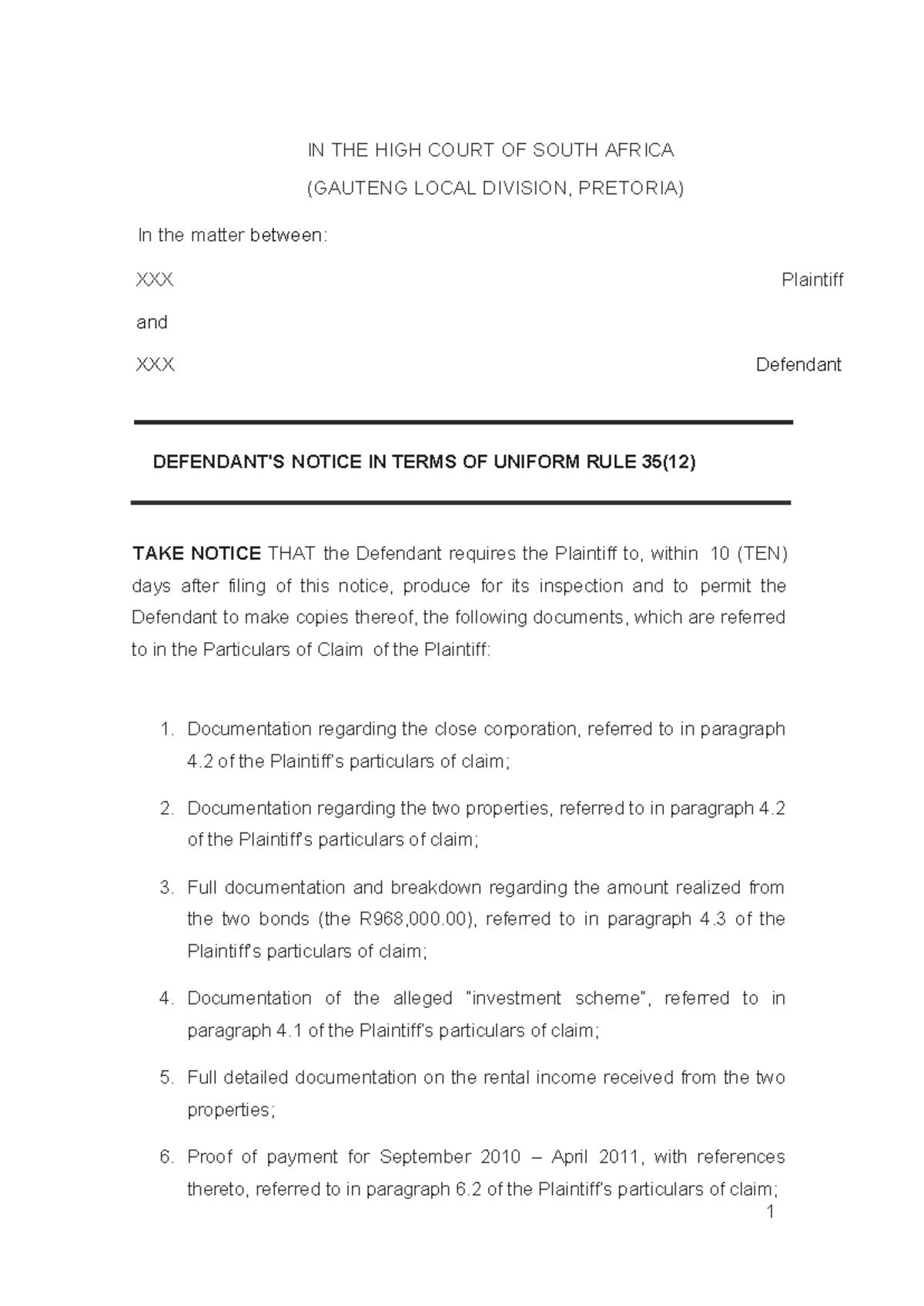 Notice in Terms of Uniform Rule 35(12) - High Court Case Document - Studocu