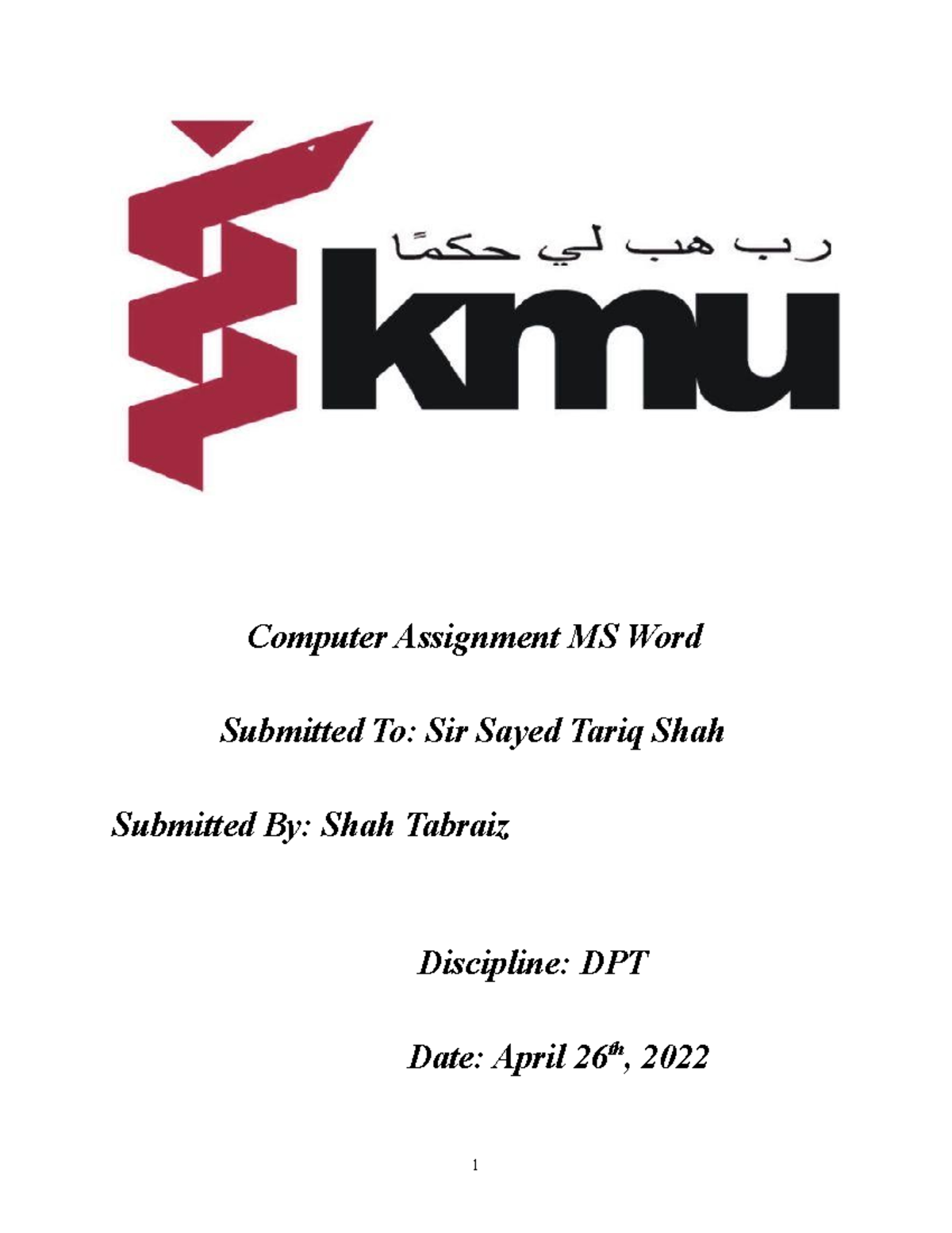 Shah Tabraiz Lab Manual Of Ms Word 1 Computer Assignment Ms Word Submitted To Sir Sayed