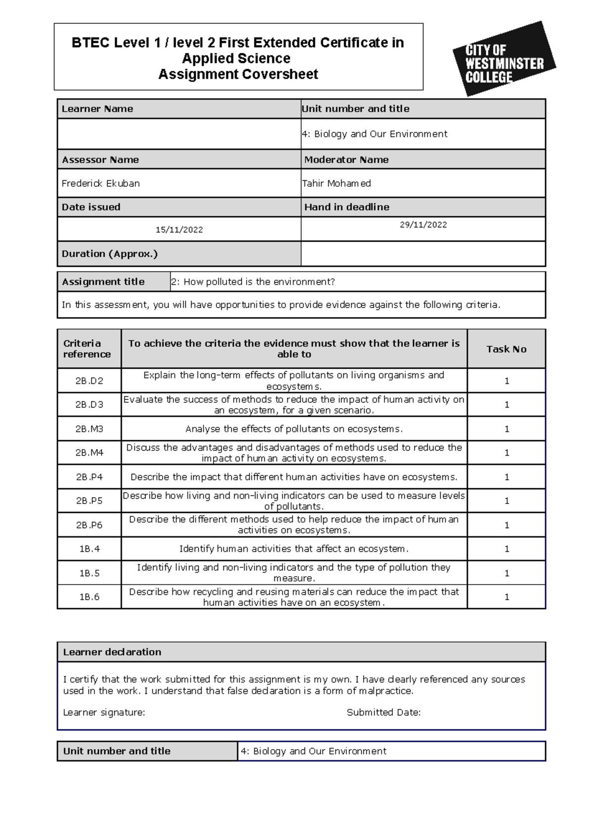 BTEC Level 2 Applied Science U4A2 - Environmental Pollution Report ...