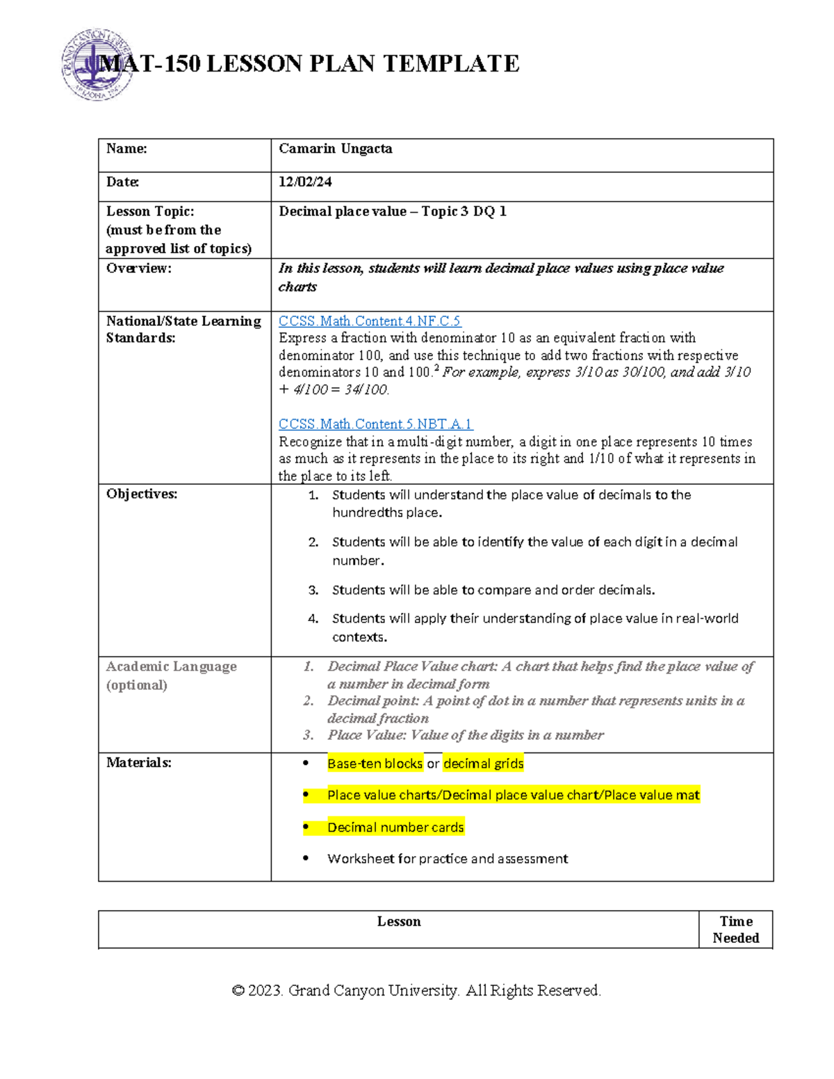 MAT-150 Decimal Place Value Lesson Plan Template - Studocu