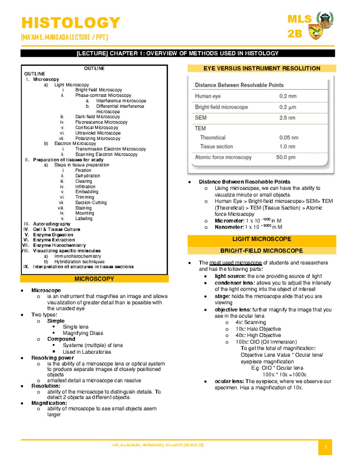 HISTOLOGY METHODS & TECHNIQUES - NOTES [BS MLS 2B] - Studocu