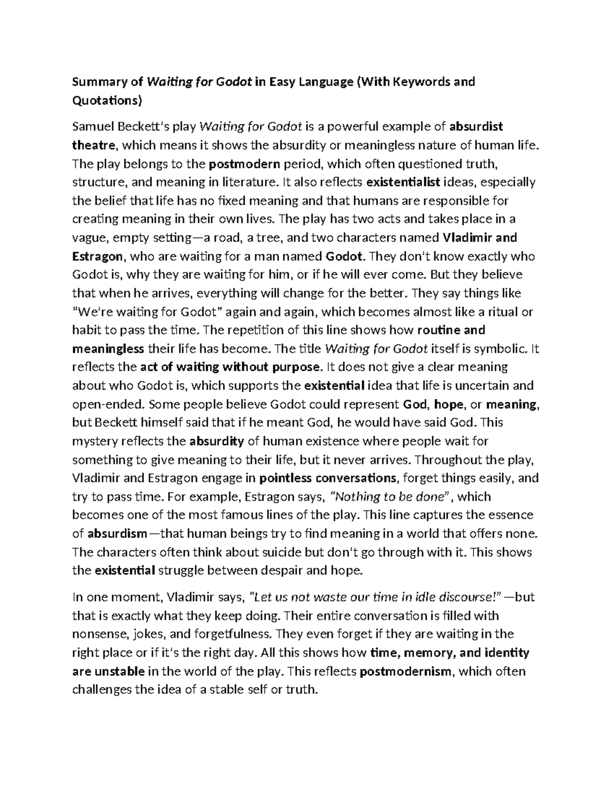 Summary of Waiting for Godot (Samuel Beckett) - Key Themes & Quotes ...