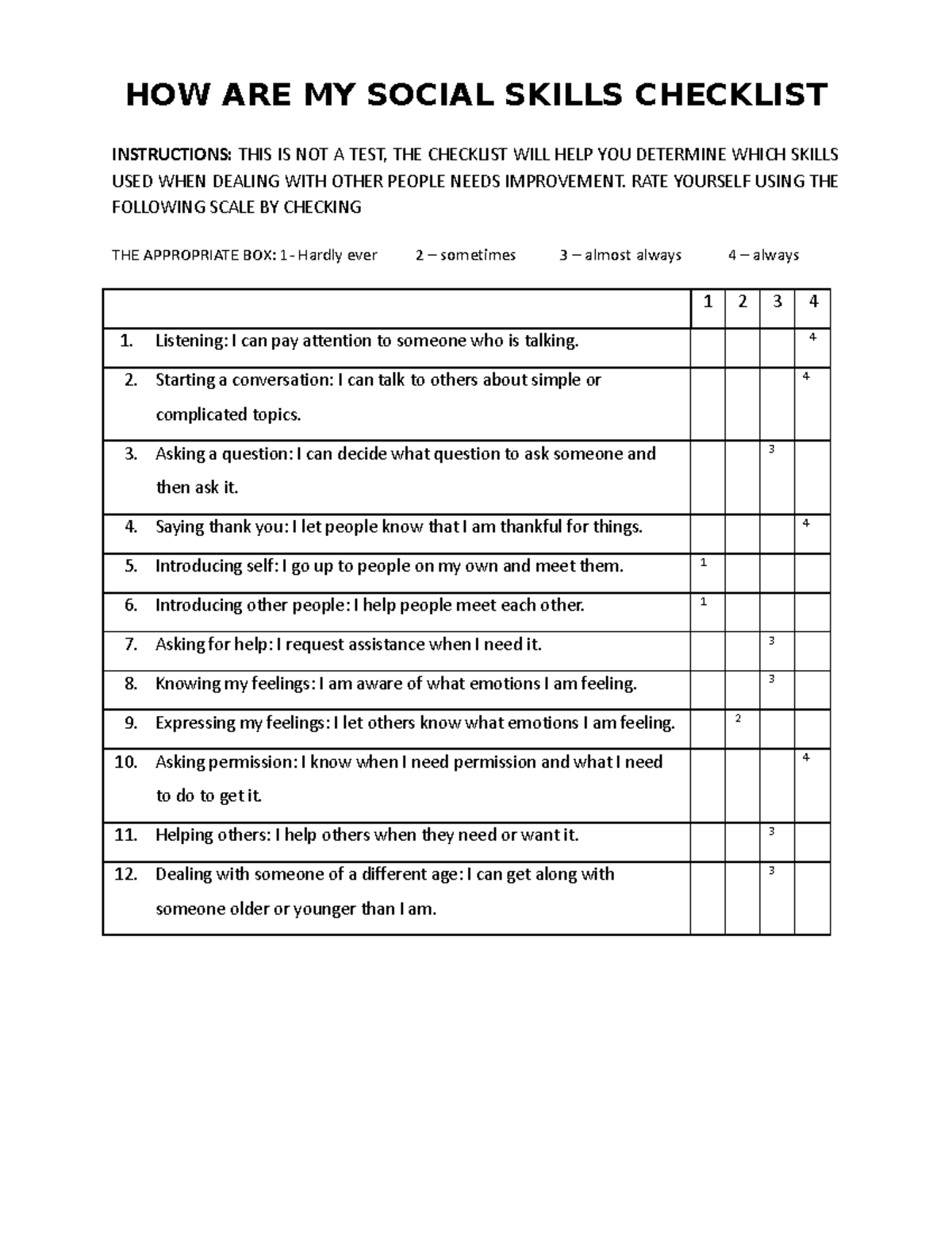 ACTIVITY 4: SOCIAL SKILLS CHECKLIST & IMPROVEMENT STEPS - Studocu
