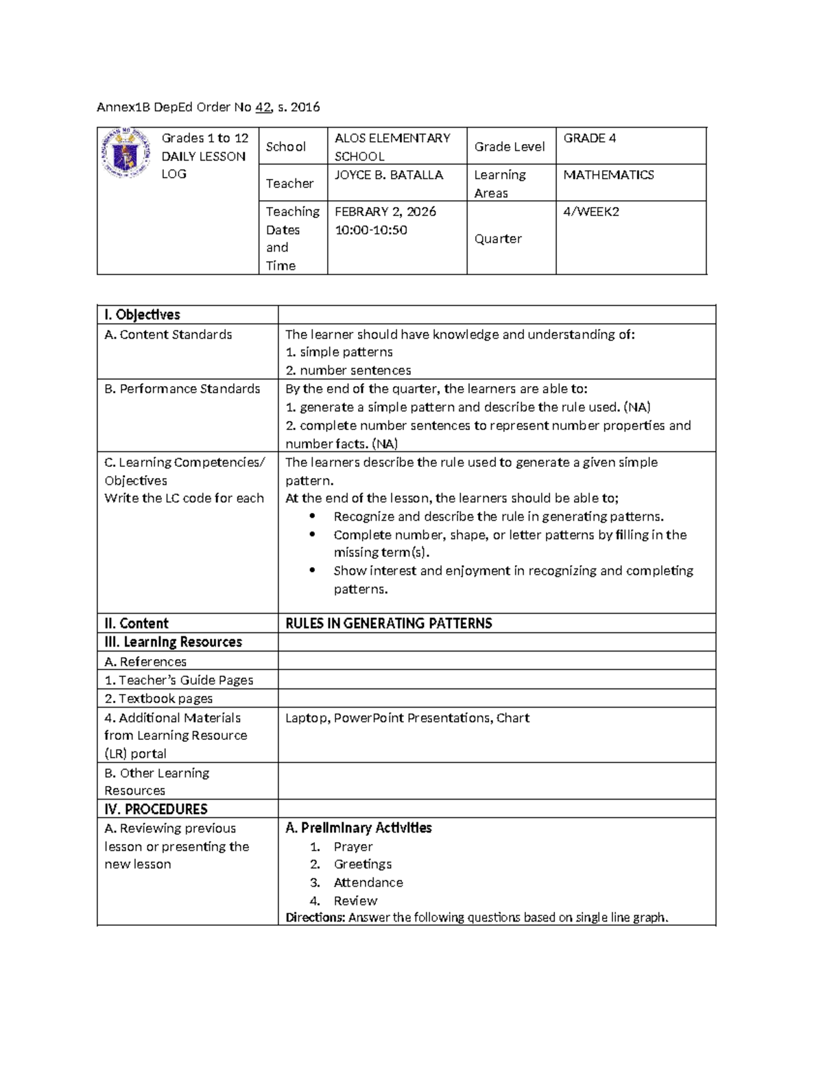 DLP GRADE 4 MATHEMATICS WEEK 2: PATTERNS & NUMBER SENTENCES - Studocu