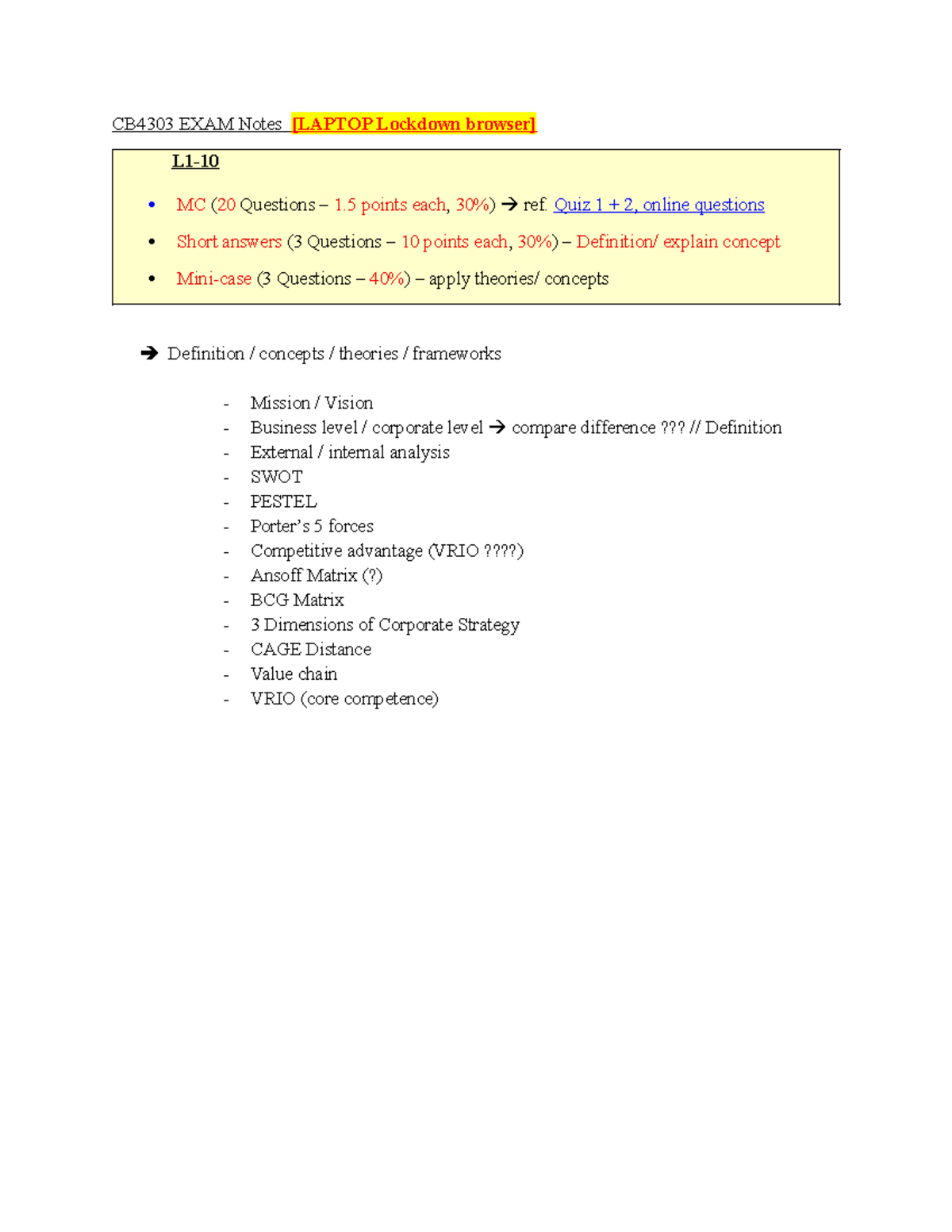 CB4303 Final Exam Notes: Competitive Advantage & Strategy Analysis ...