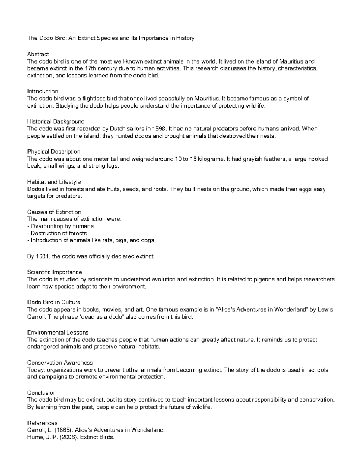 Dodo Bird Research Paper: Lessons from Extinction and Conservation ...