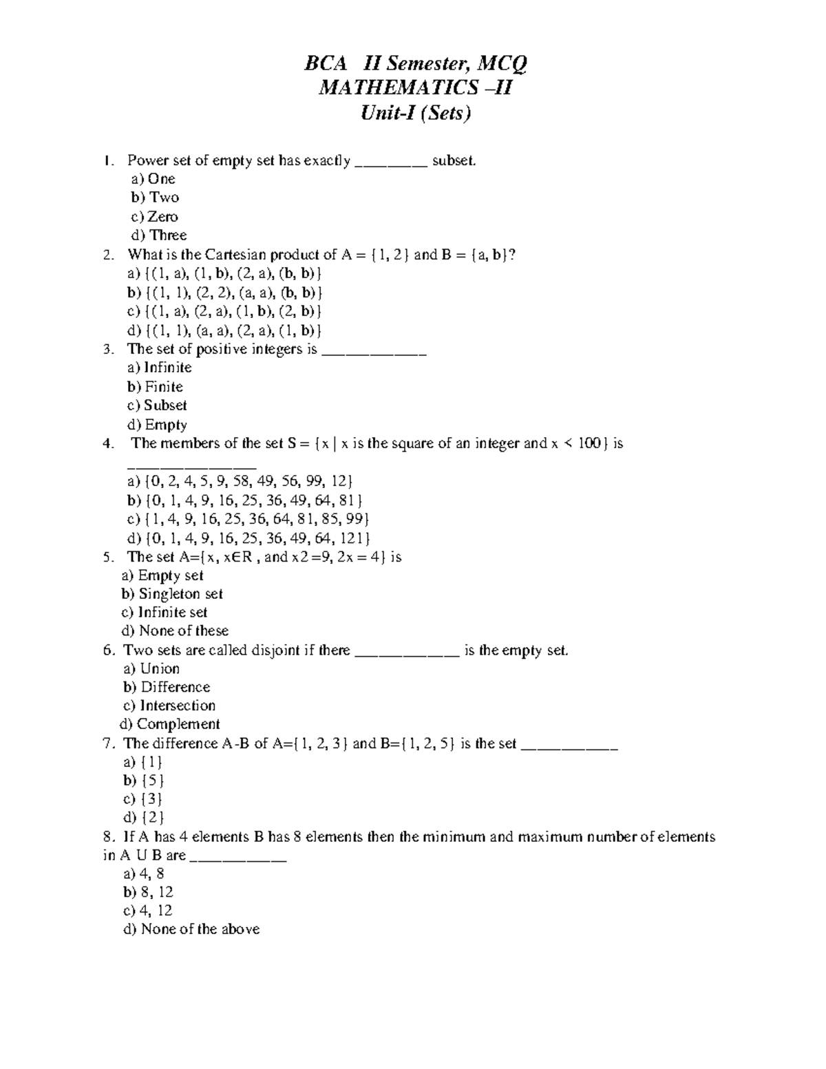 Math II mcq ques unit 1-6 bca-1 - BCA II Semester, MCQ MATHEMATICS – II ...