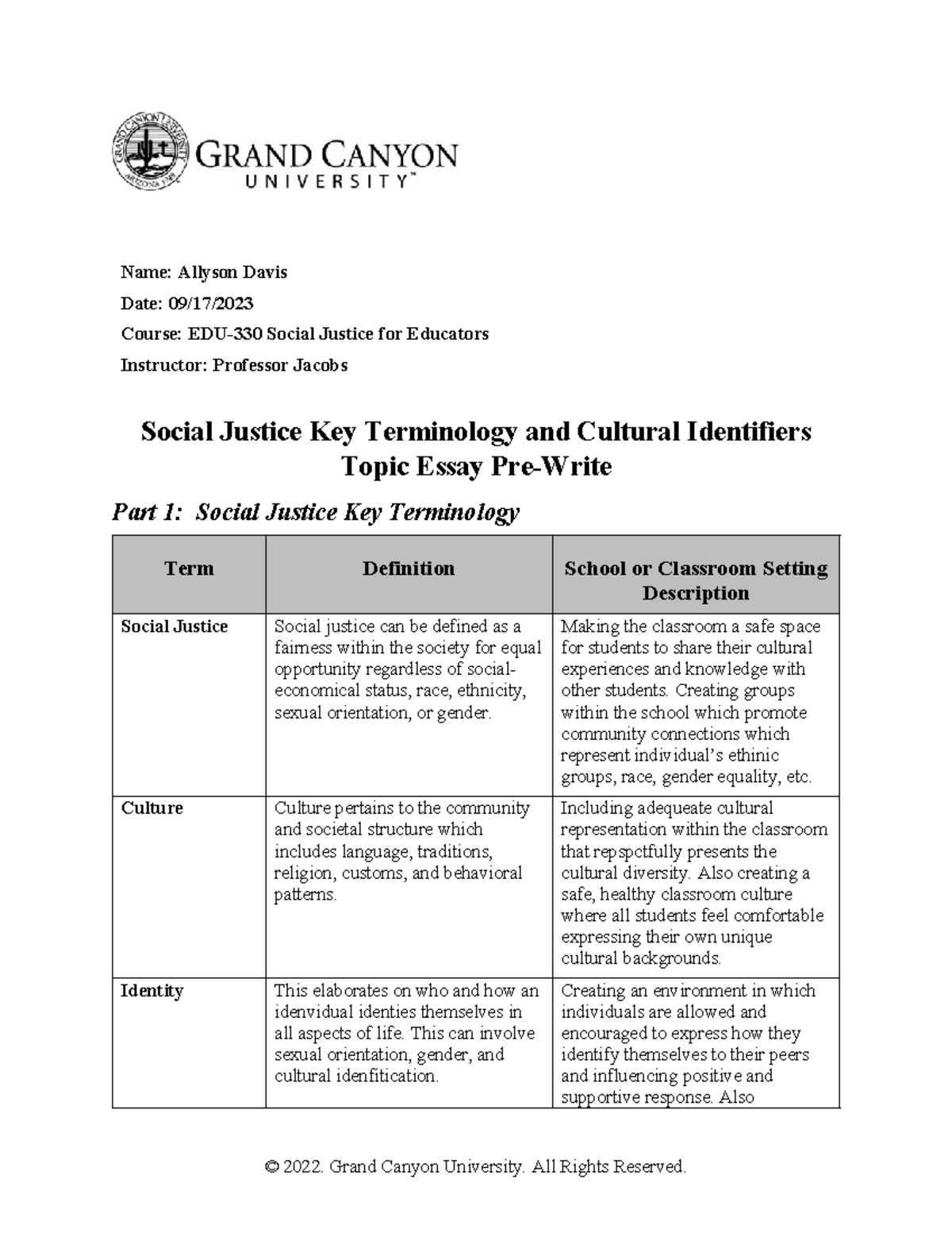EDU-330-T1 Final Essay Pre-Writing: Social Justice Terms & Identity ...