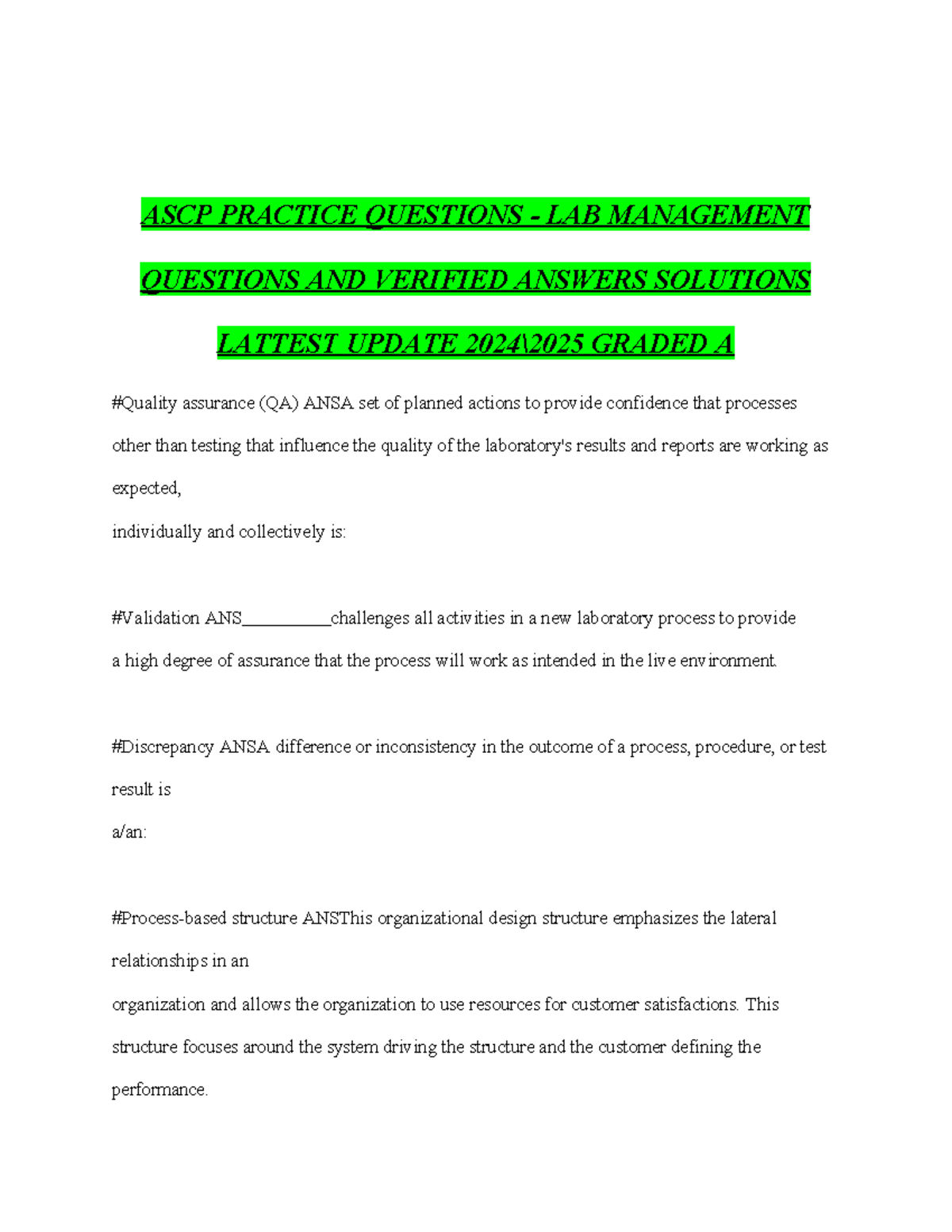 ASCP Practice Questions LAB Management Questions AND Verified Answers ...
