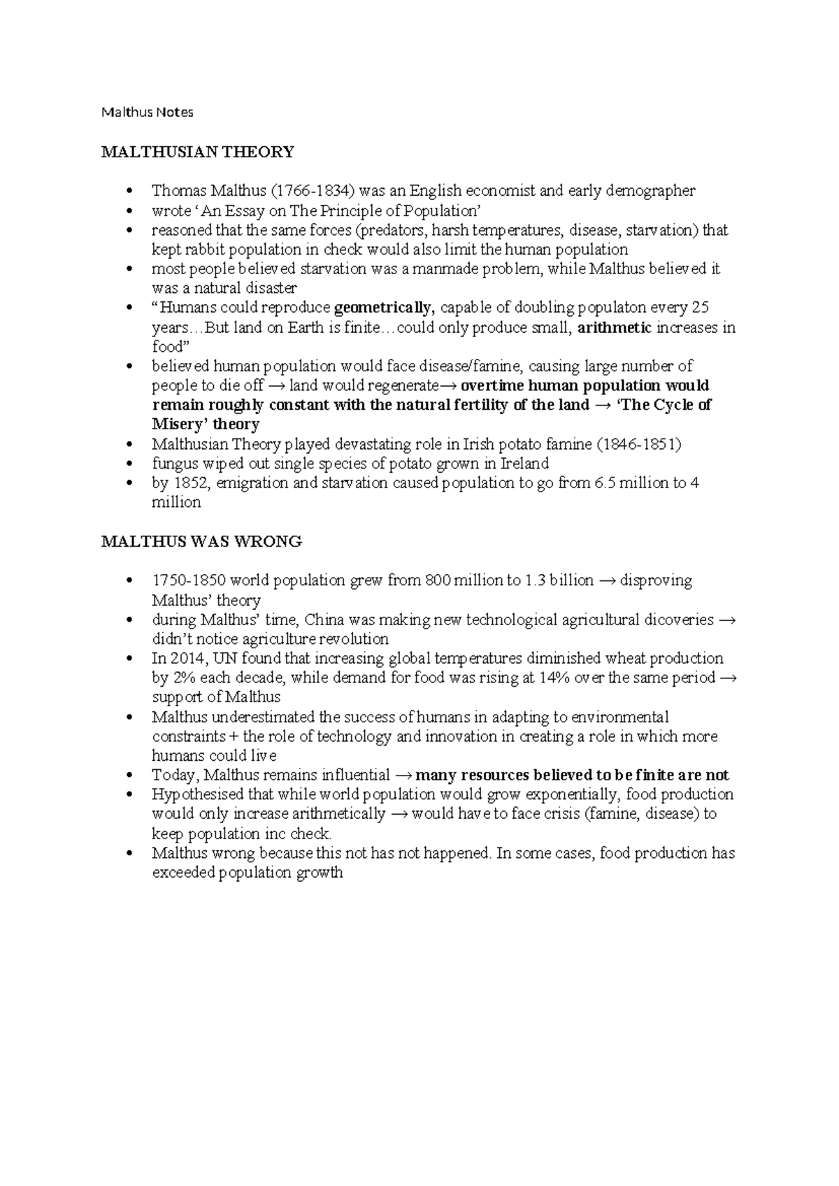 Malthus Notes - Malthus Notes MALTHUSIAN THEORY Thomas Malthus (1766 ...