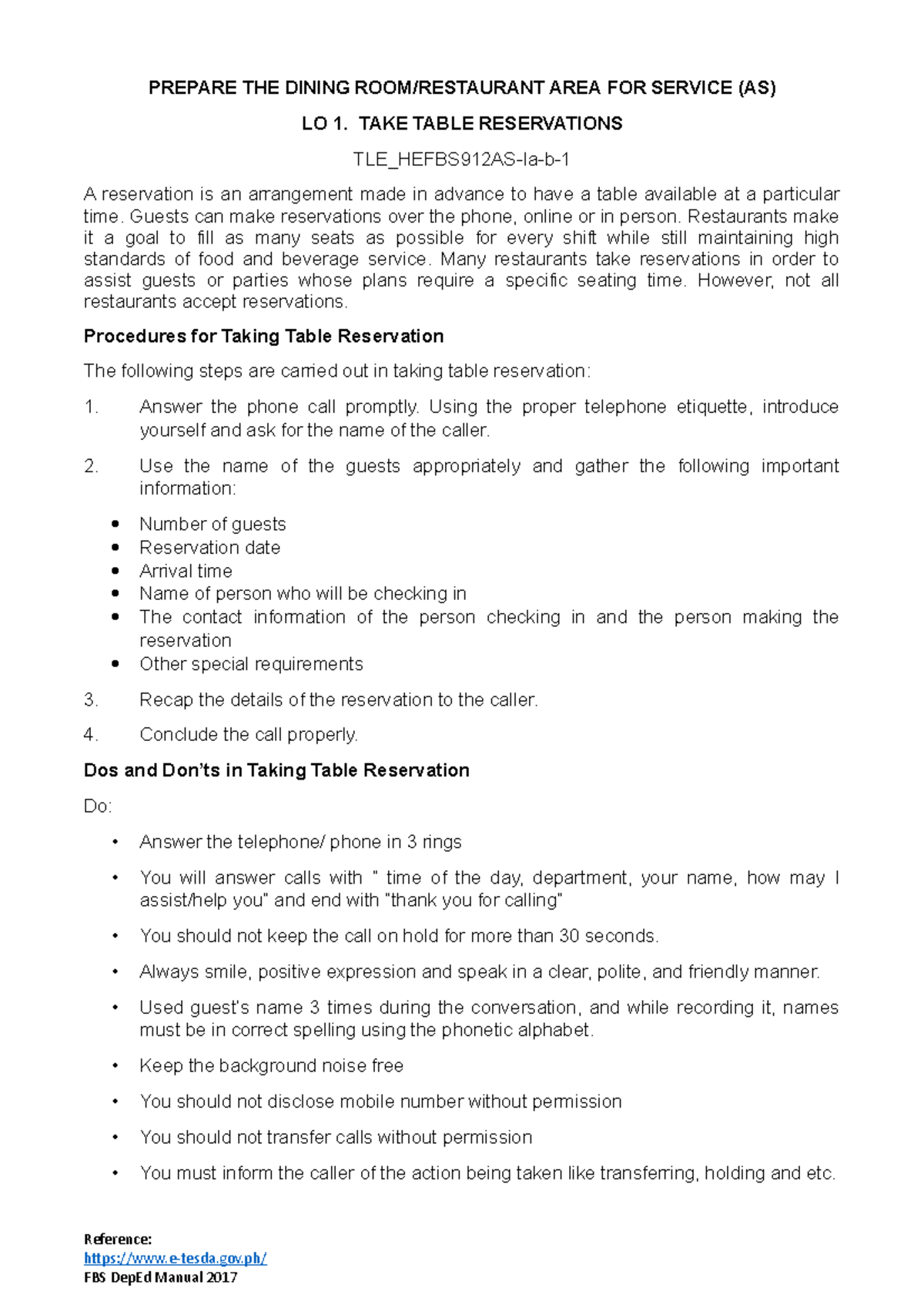 Q1 L1 Dining Room Preparation for Service in TLE_HEFBS912AS - Studocu