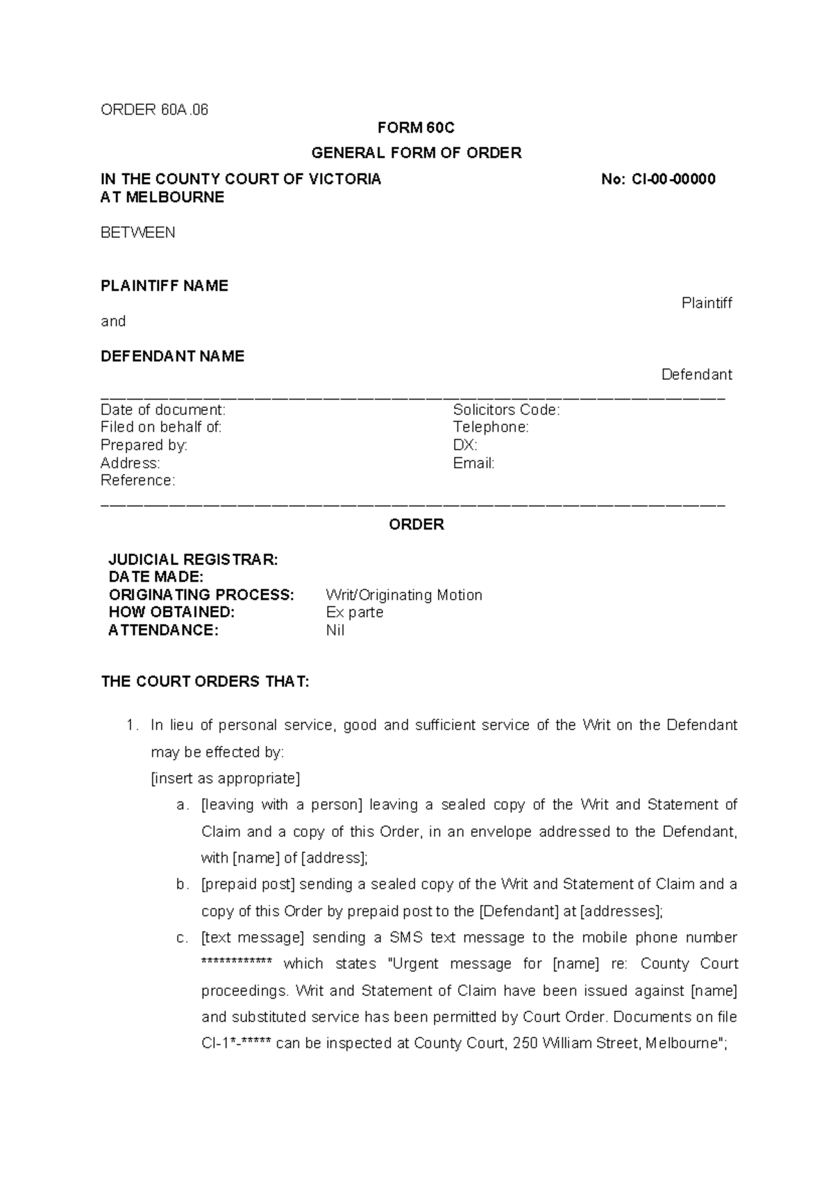 Ex Parte Orders Example Drafts for County Court CI-00 - Studocu