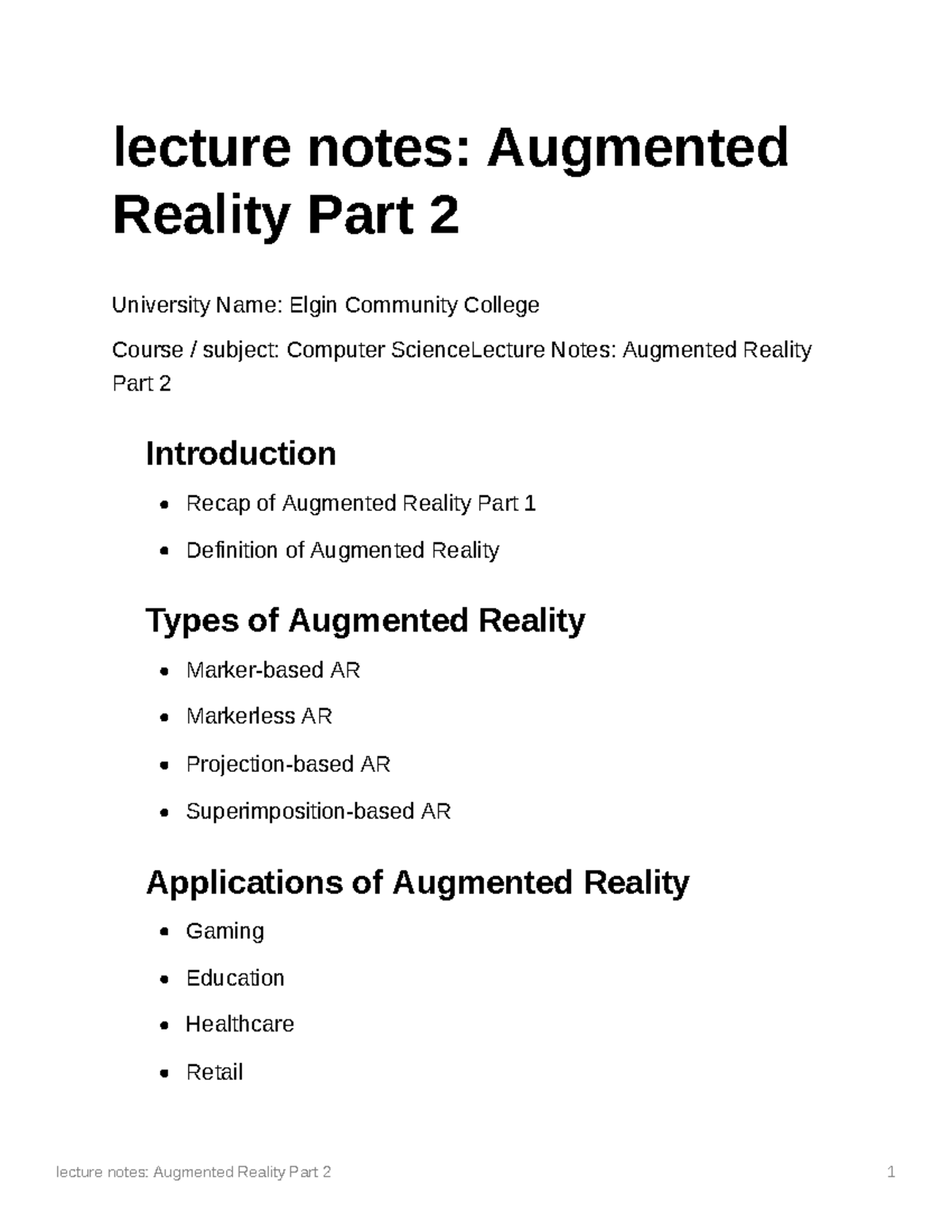 Lecture notes Augmented Reality Part 2 - lecture notes: Augmented ...