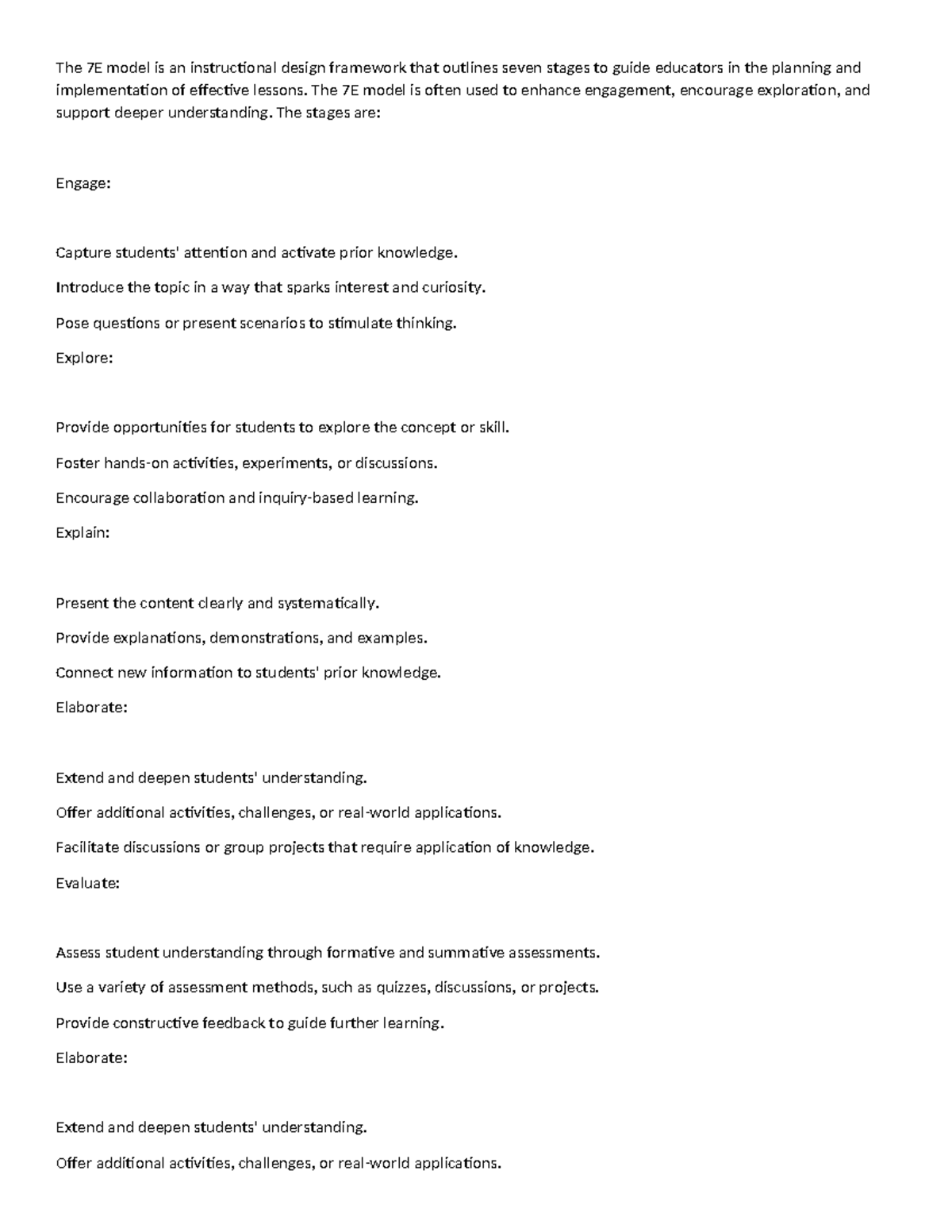 7E Model Framework: Enhancing Lesson Planning & Implementation - Studocu