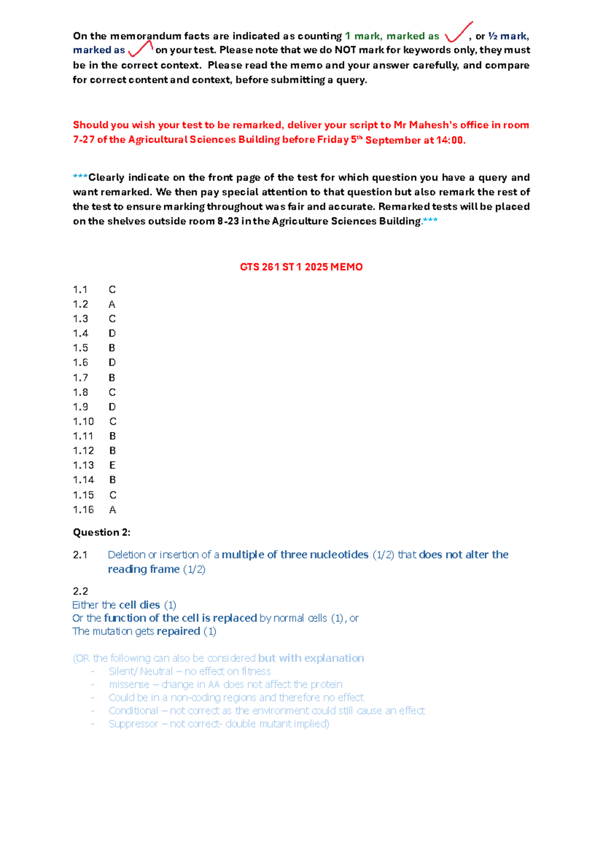 GTS 261 Semester Test 1 2025 Memo: Marking Guidelines and Queries - Studocu