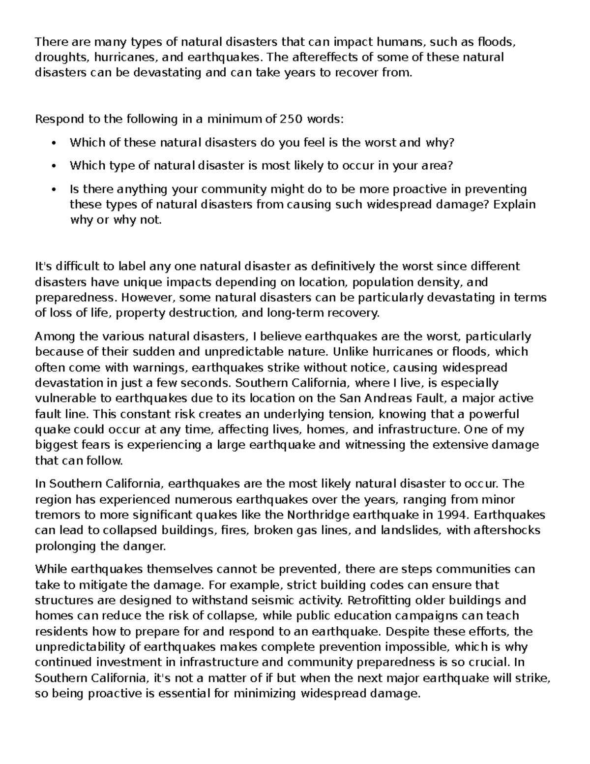 Natural Disasters Essay (Wk 5) - Earthquake Preparedness & Impact - Studocu