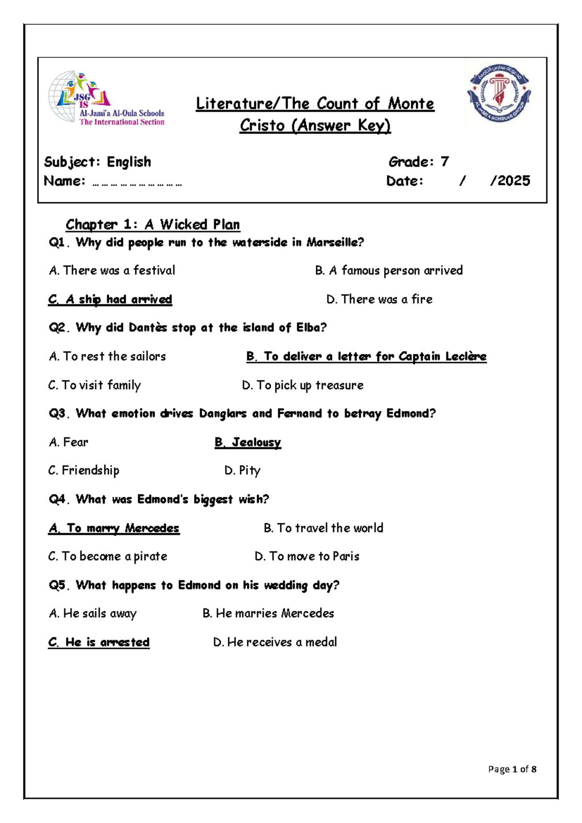 Count of Monte Cristo (Grade 7) - Chapter Questions & Answers - Studocu