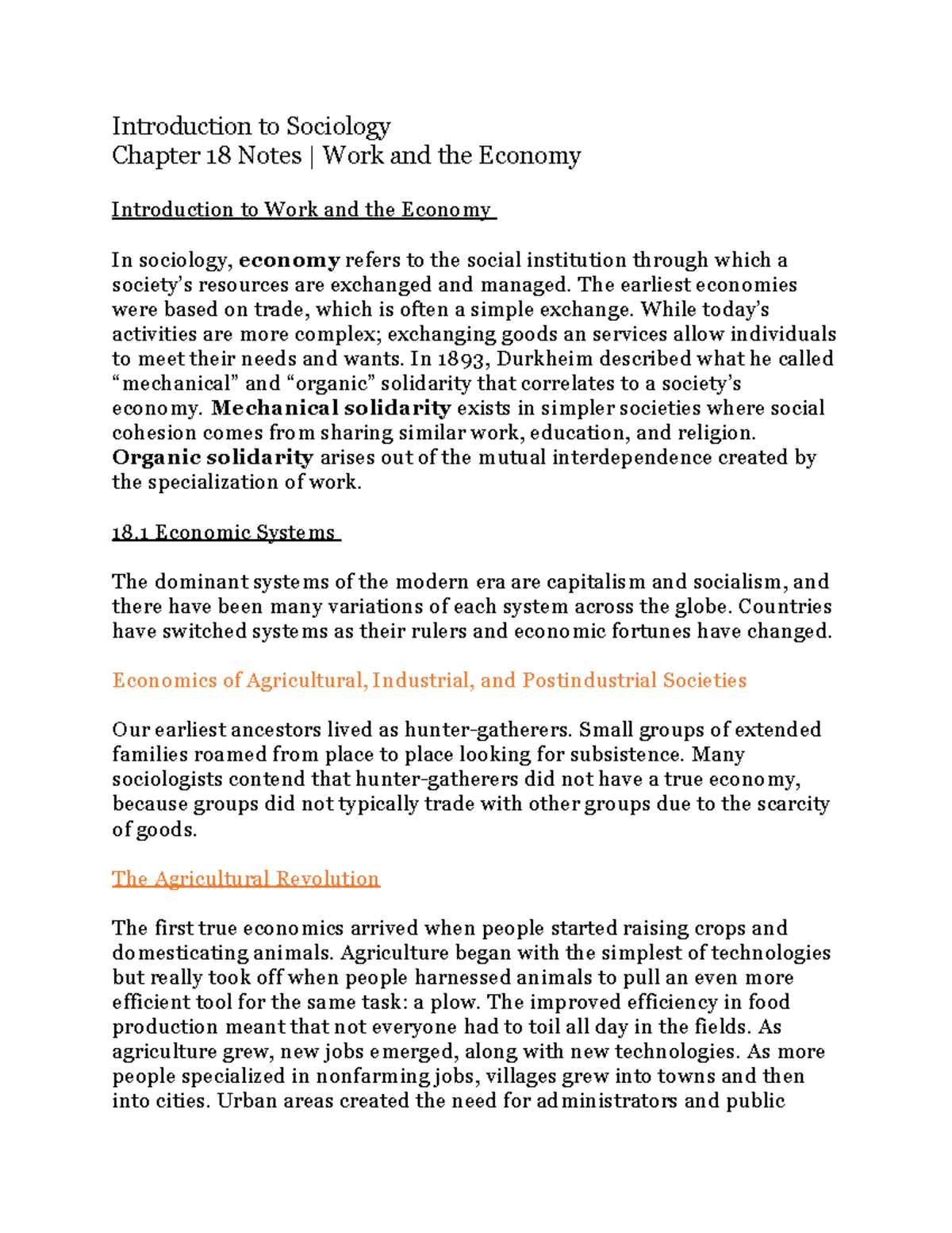Sociology Chapter 18 Notes - The earliest economies were based on trade ...