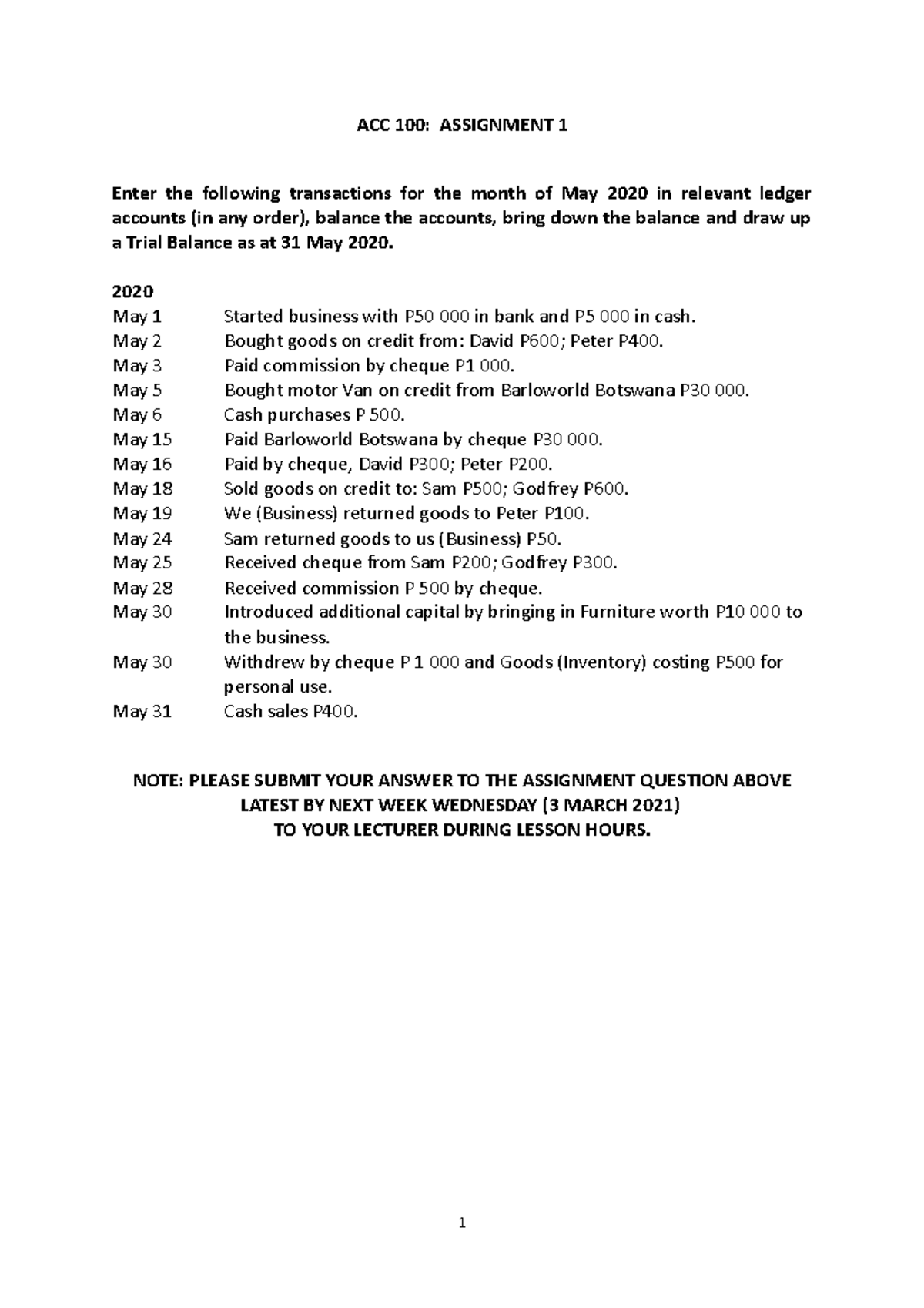 ACC 100 Assignment 1 - Practice Transactions and Trial Balance Analysis ...