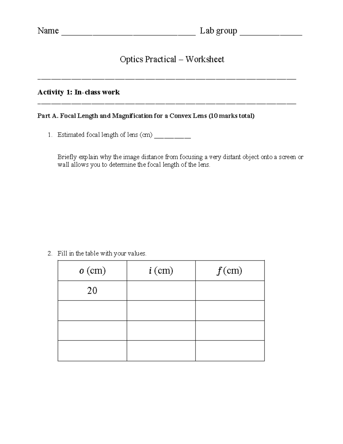 BMS1031 2024 Optics Lab Practical Worksheet: Focal Length ...
