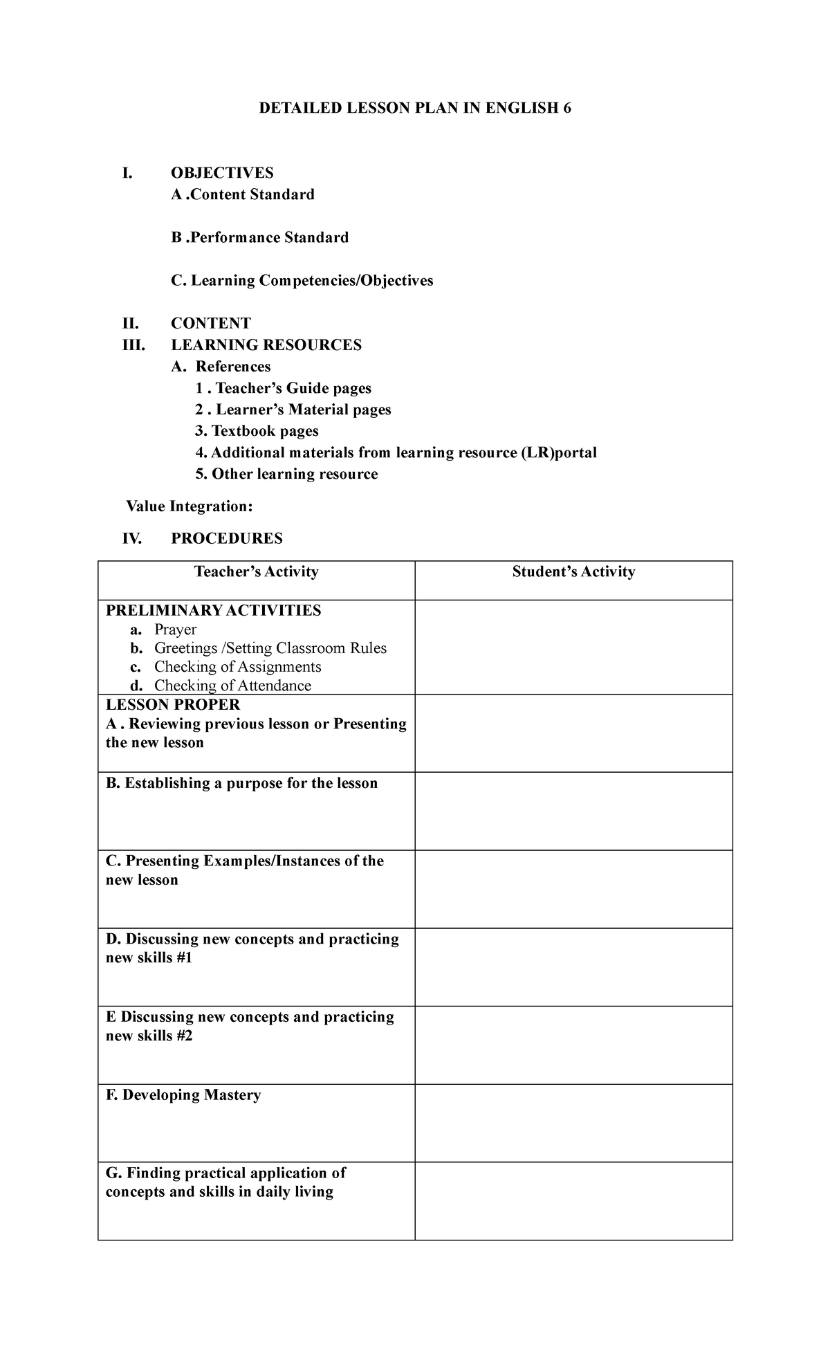 Dlp Format - DETAILED LESSON PLAN IN ENGLISH 6 I. OBJECTIVES A .Content ...
