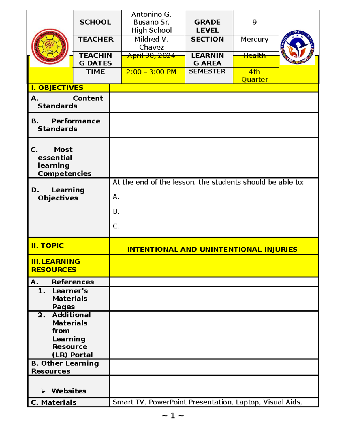 Lesson Plan: Intentional & Unintentional Injuries (Grade 9, 4th Qtr ...