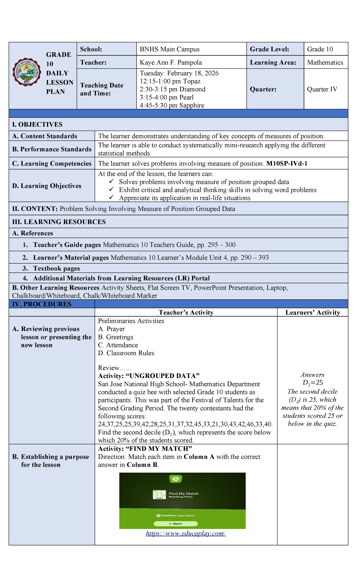 Grade 10 Mathematics Lesson Plan: Measures of Position (Quarter IV ...