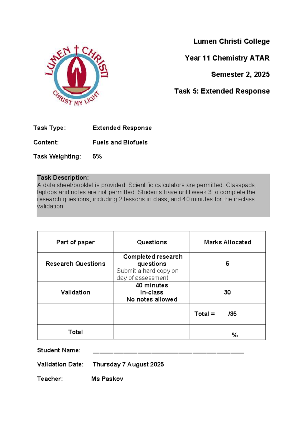 Lumen Christi College Year 11 Chemistry ATAR Sem 2 2025 Task 5: Fuels ...