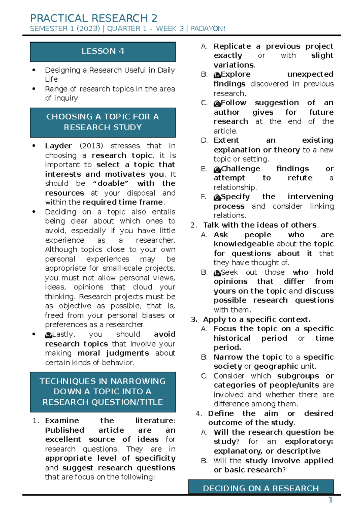 PRACTICAL RESEARCH 2 SEM 1 (2023) WEEK 3: Designing Research for Daily ...