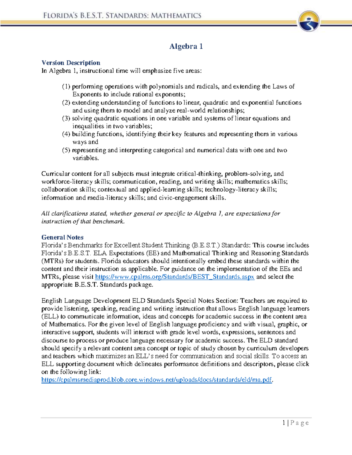 Algebra 1 Course Standards and Benchmarks Overview - Algebra 1 Version ...