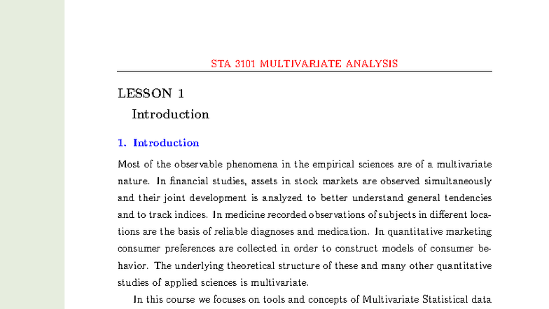 STA 3101 MULTIVARIATE ANALYSIS LESSON 1: Introduction to Concepts - Studocu