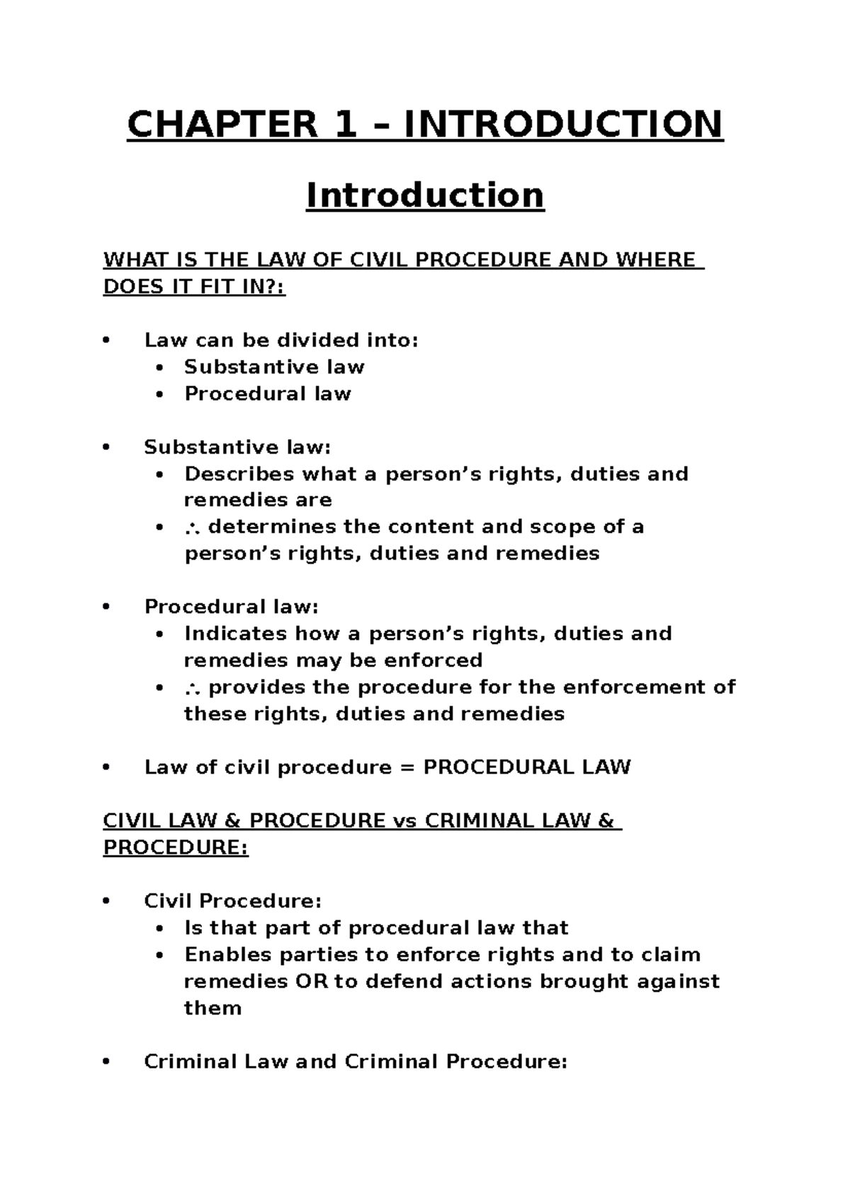 Civil Procedure Overview: Chapter 1 Introduction to Law of Civil ...