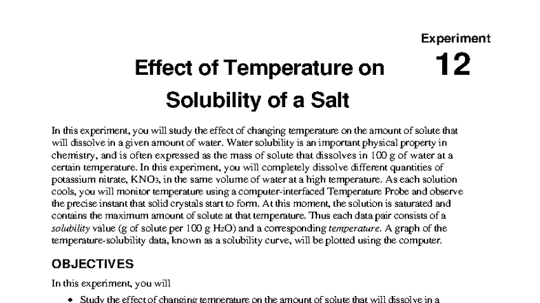 Effect of Temperature on Solubility of a Salt - Water solubility is an ...