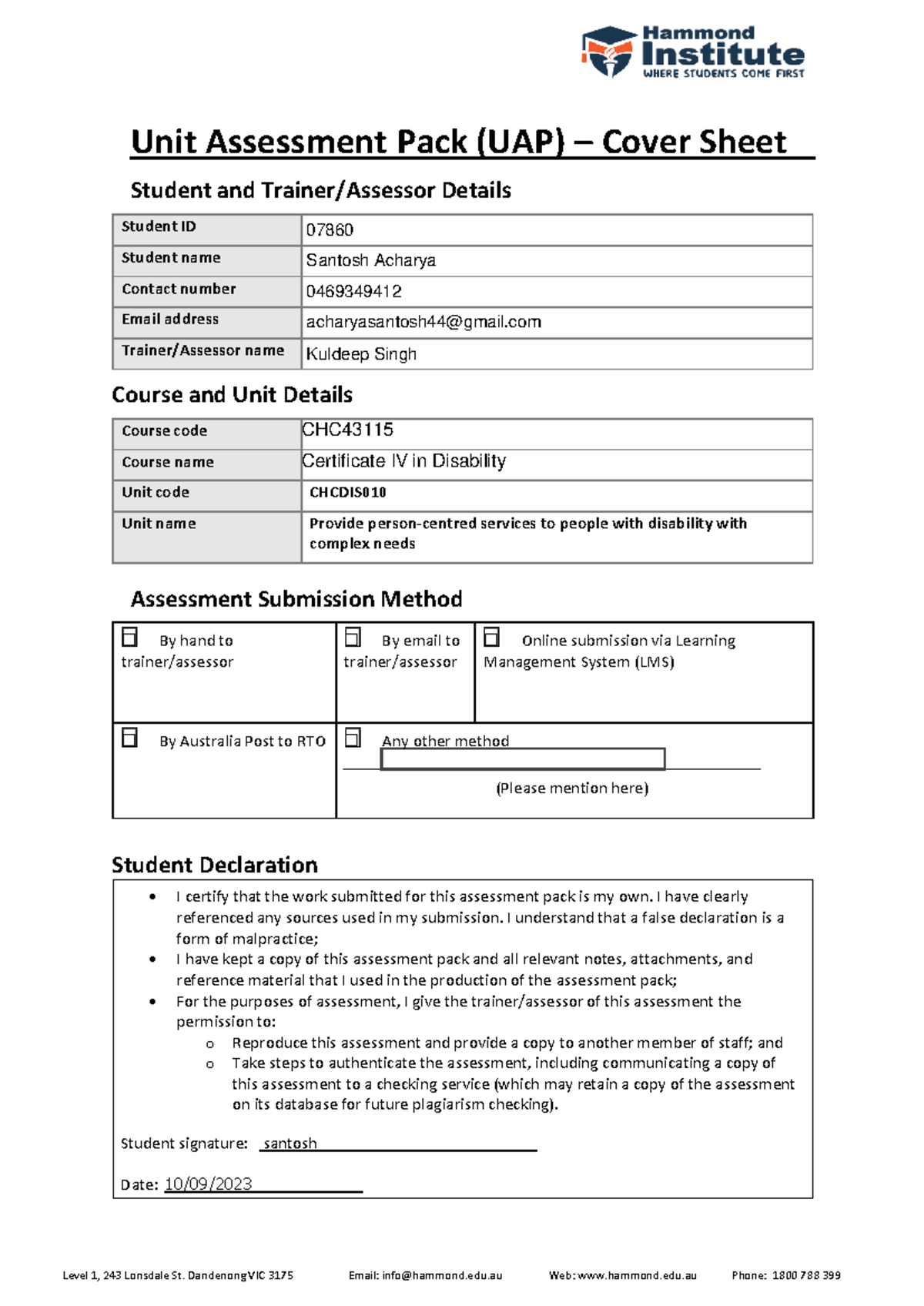 Unit Assessment Pack (UAP) for CHCDIS010: Support for Complex Needs ...