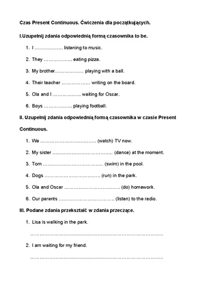Kartkówka: Present Simple vs Present Continuous z ćwiczeniami - Studocu