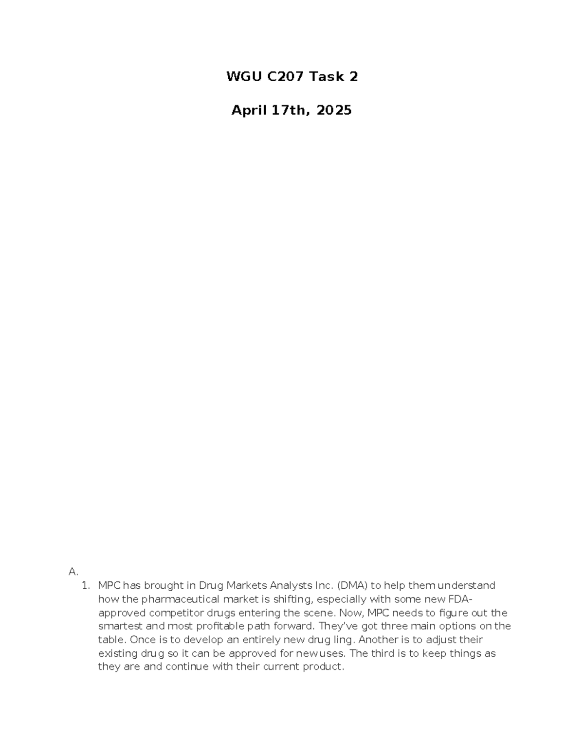 Revised WGU C207 Task 2: Analyzing Drug Market Strategies - Studocu